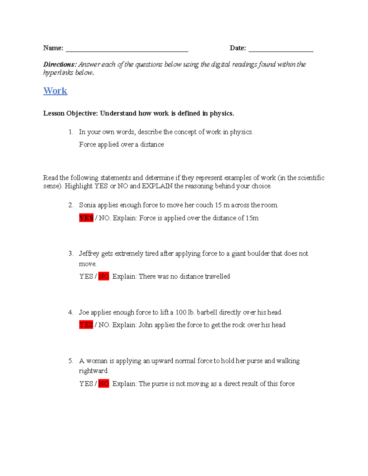 Work Intro WS - Physics homework - Name ...