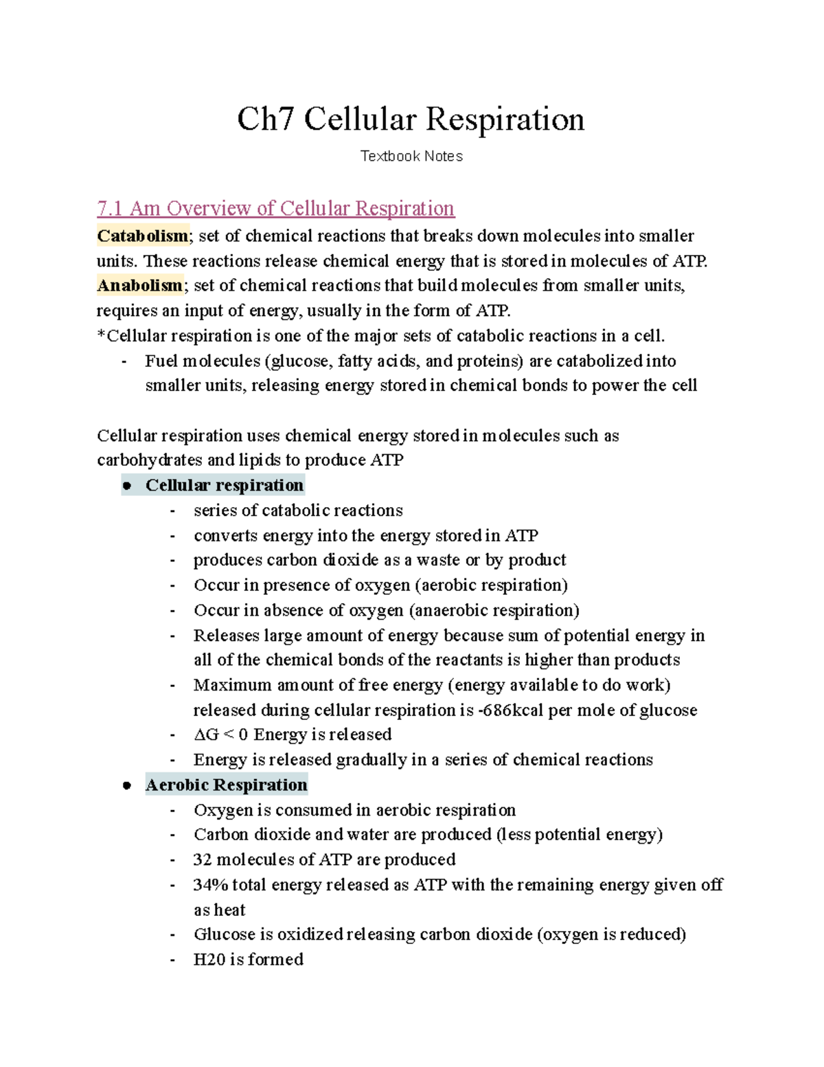 Ch7 Cellular Respiration textbook notes - Ch7 Cellular Respiration ...