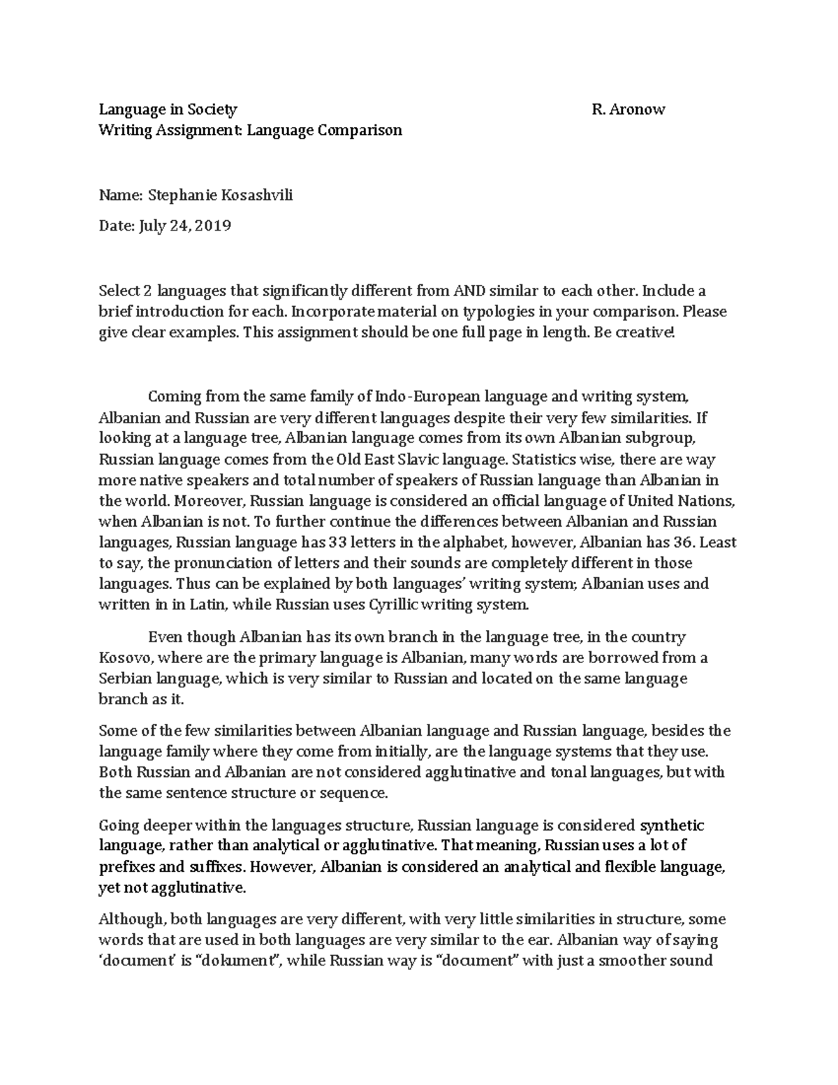 Writing Assignment Language Comparison - Language in Society R. Aronow ...