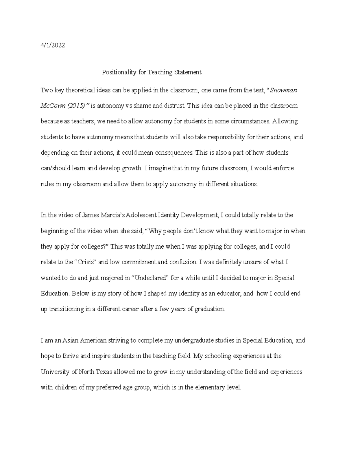 Positionality Statement - 4/1/ Positionality for Teaching Statement Two ...