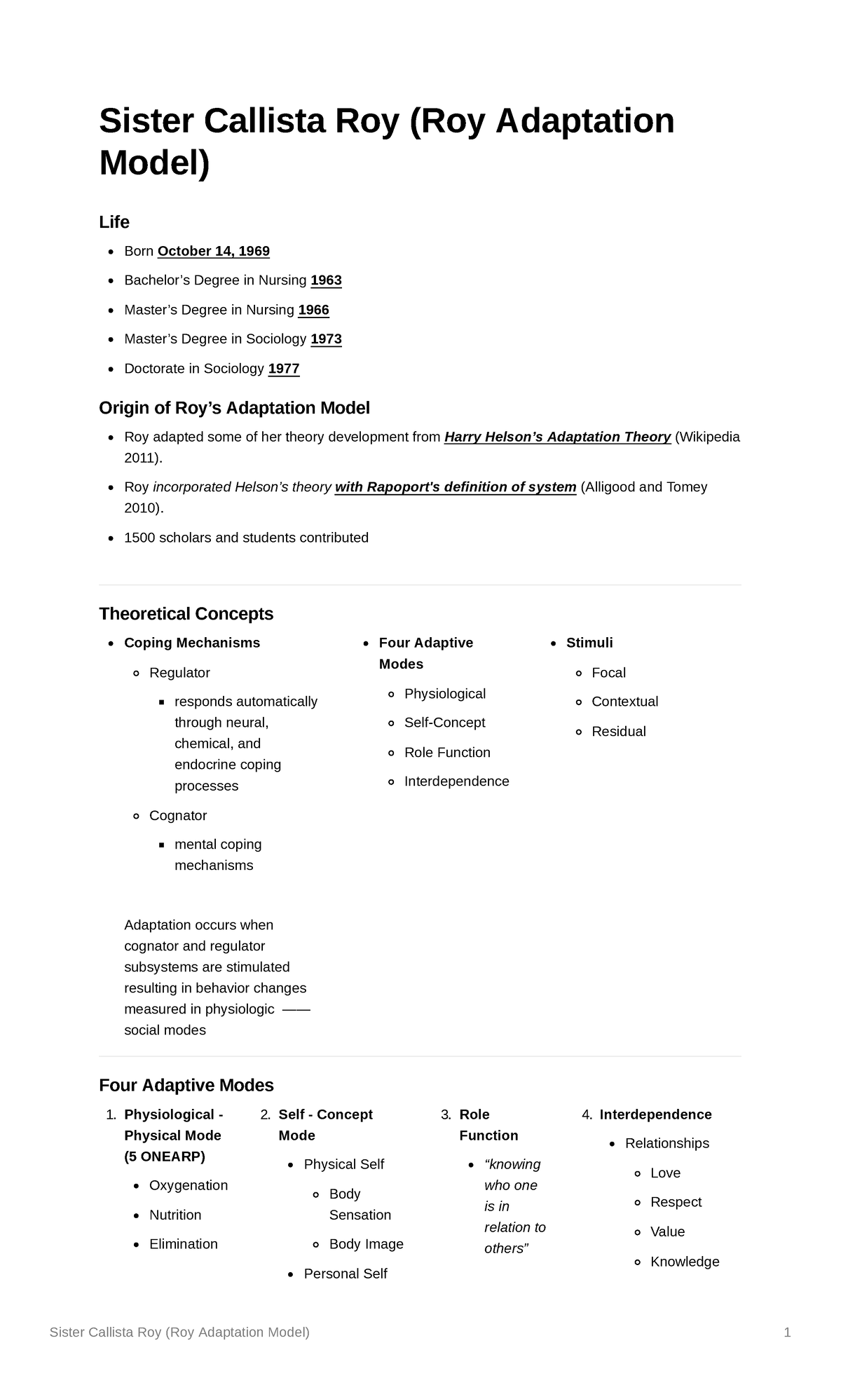 Sister Callista Roy (Roy Adaptation Model) - Roy incorporated Helson’s ...