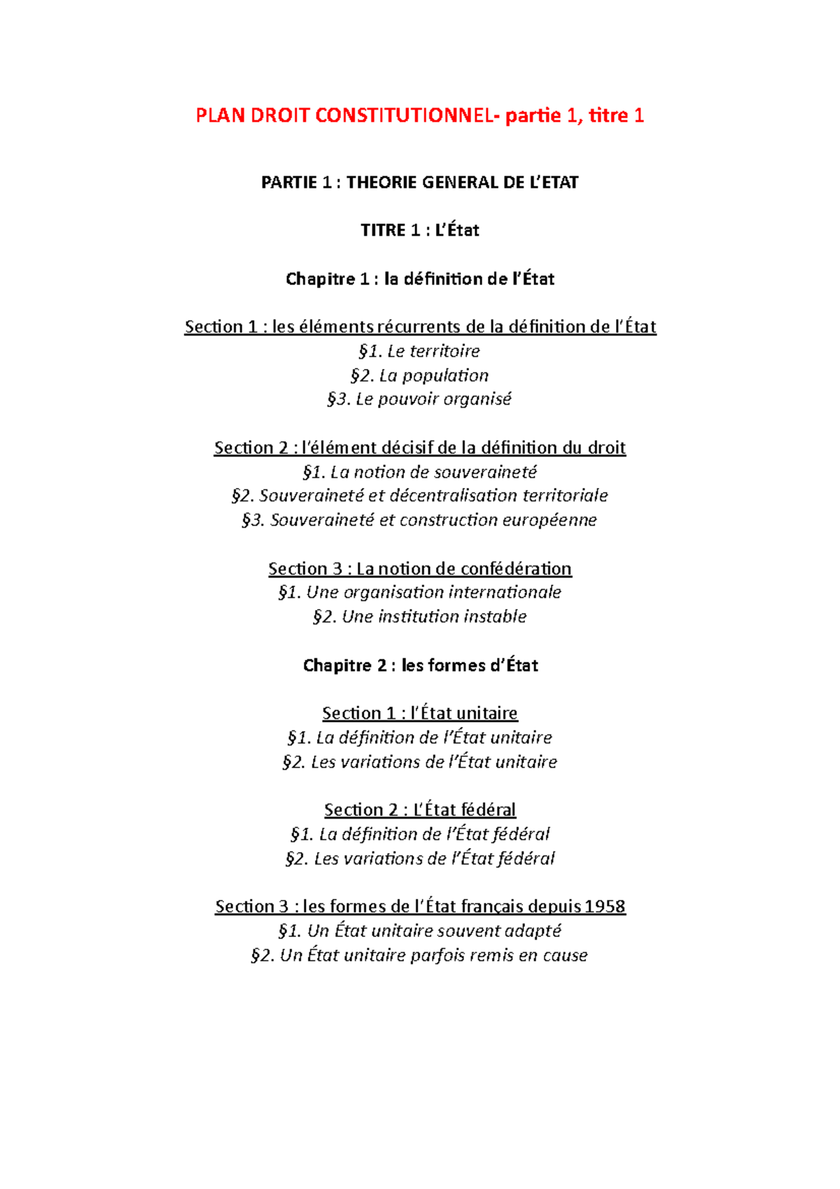 PLAN Droit Constitutionnel - PLAN DROIT CONSTITUTIONNEL- partie 1, titre 1 PARTIE 1 : THEORIE ...