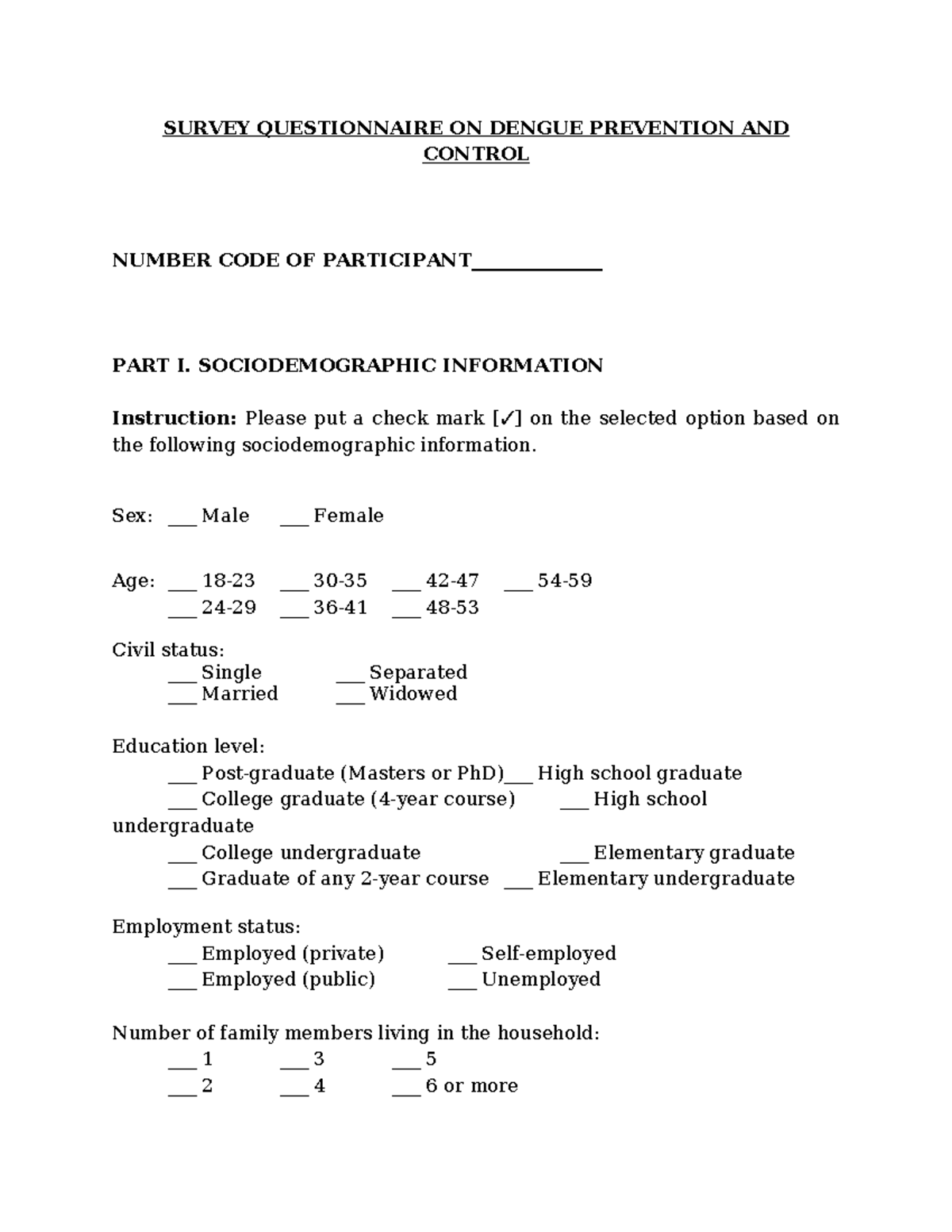Survey Questionnaire ON Dengue Prevention AND Control - SURVEY ...