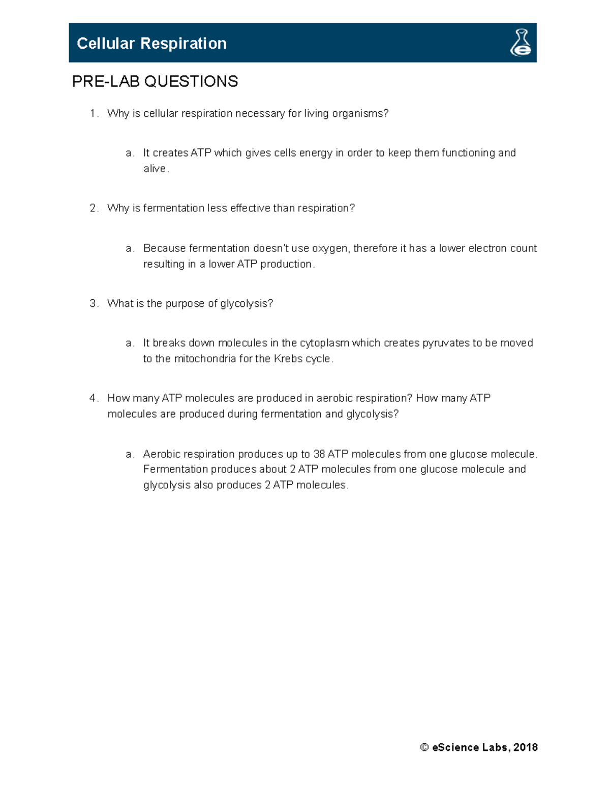 Cellular Respiration E Science Labs 2018 - PRE-LAB QUESTIONS Why is ...