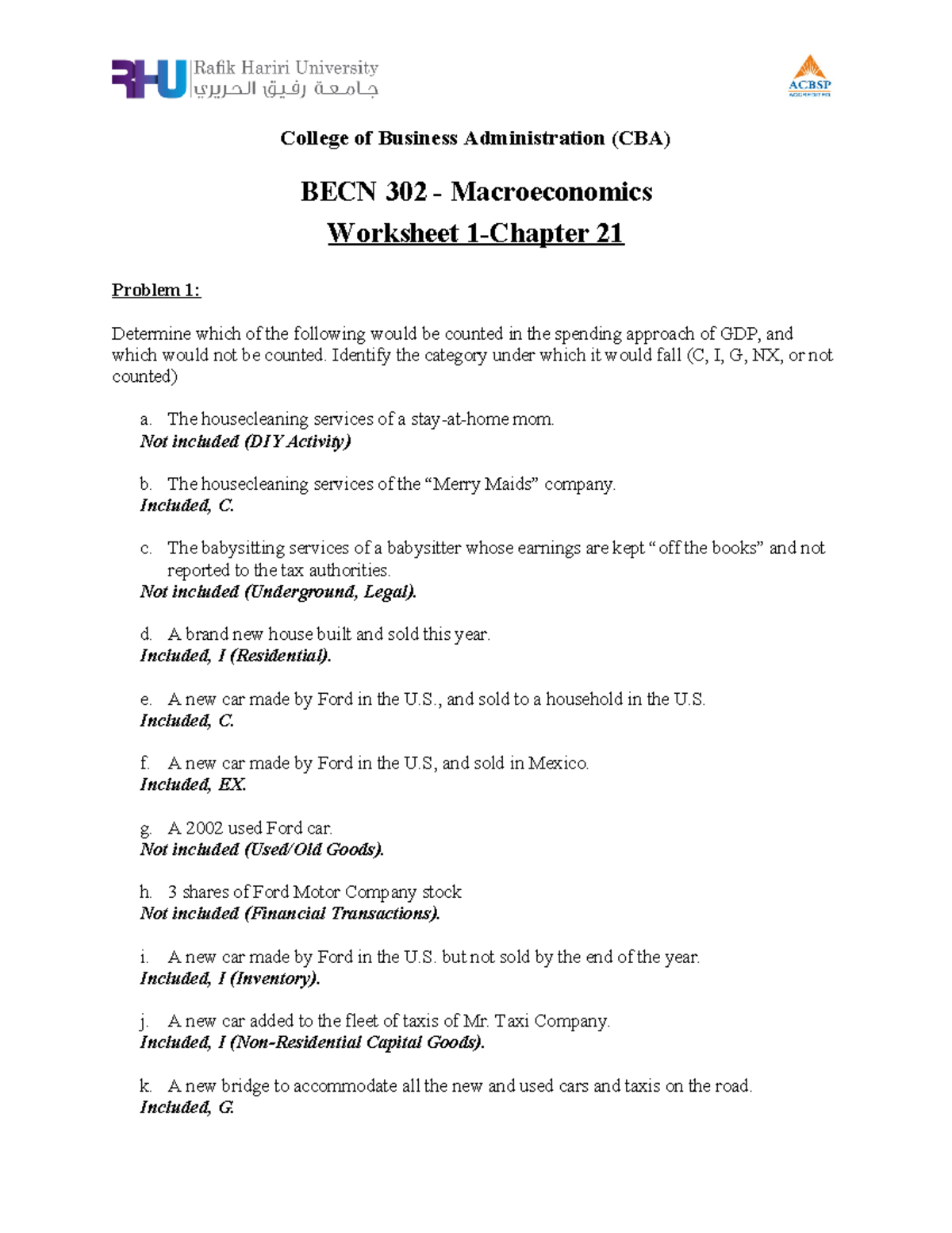 Macro Chapter 21 Worksheet 1 - College of Business Administration (CBA ...