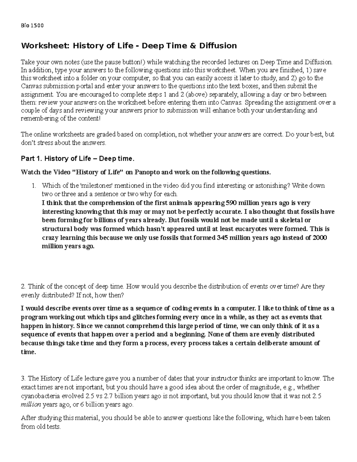 #01 History of Life Diffusion - Worksheet: History of Life - Deep Time ...