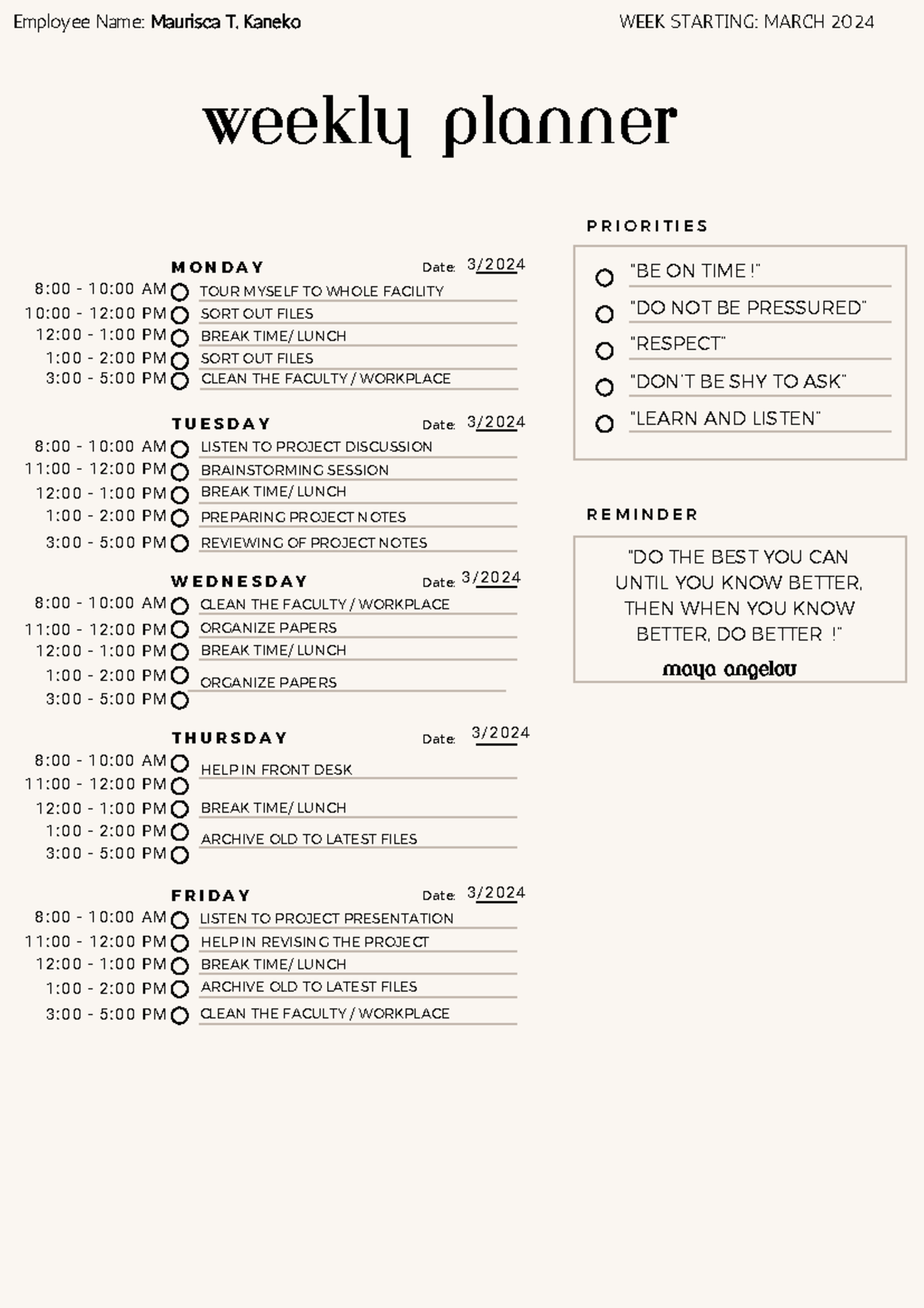 Beige Minimalist Weekly Planner - M O N D A Y P R I O R I T I E S R E M ...