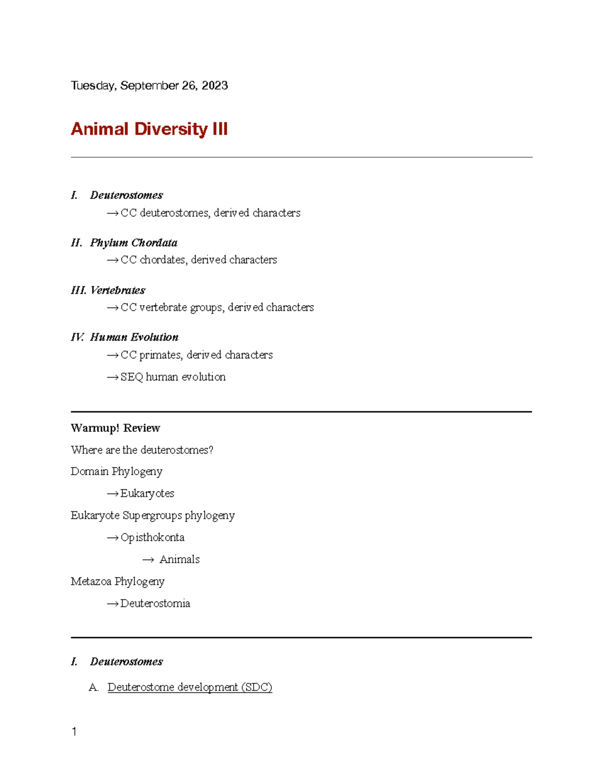 Lecture 7 (9/26/23) Animal Diversity III - Tuesday, September 26, 2023 ...