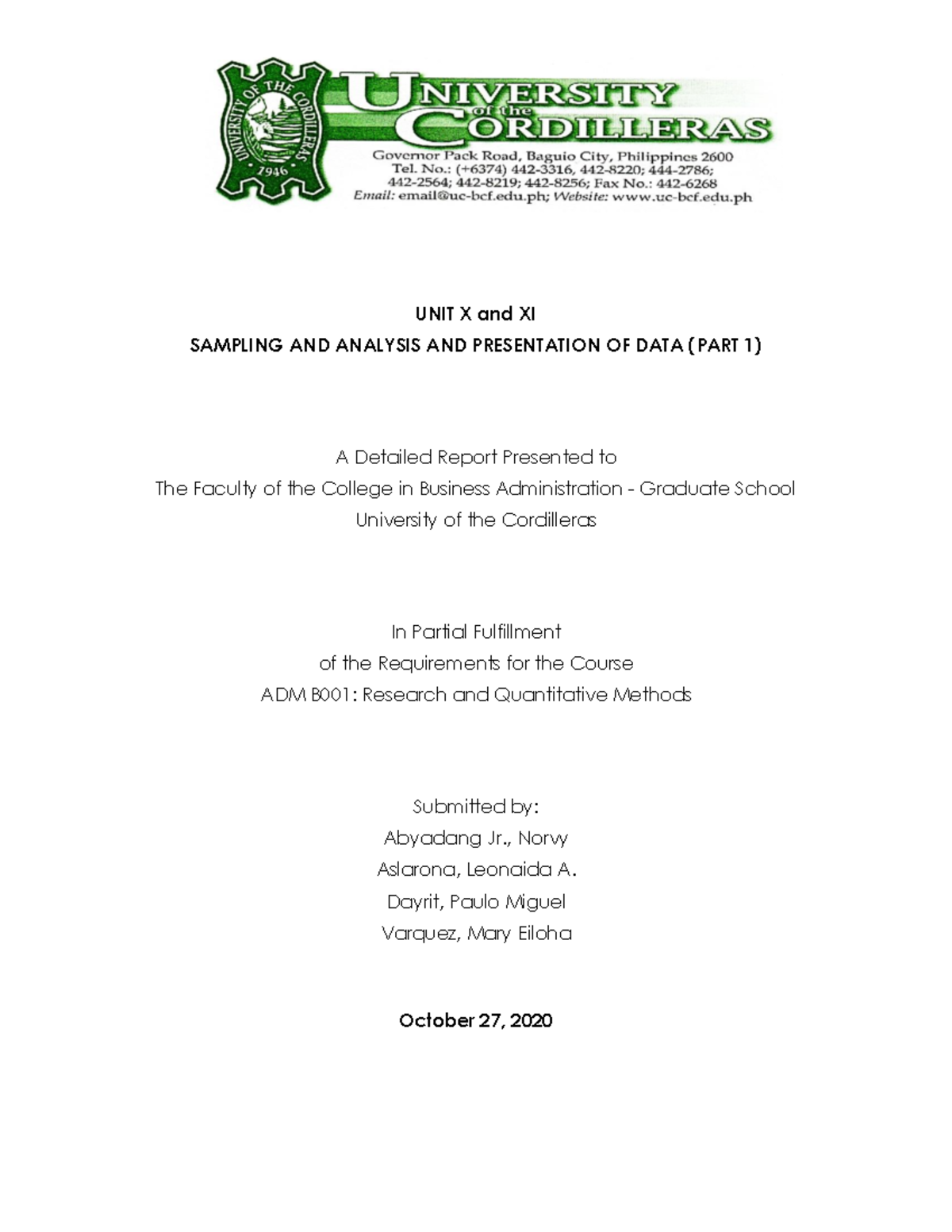 Group 6 - Report - prodman - UNIT X and XI SAMPLING AND ANALYSIS AND ...