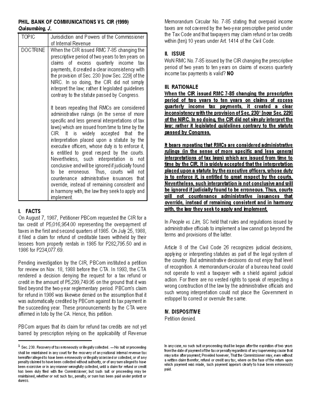 2 Pbcom Vs Cir Penafiel Phil Bank Of Communications Vs Cir 1999 Quisumbing J Topic