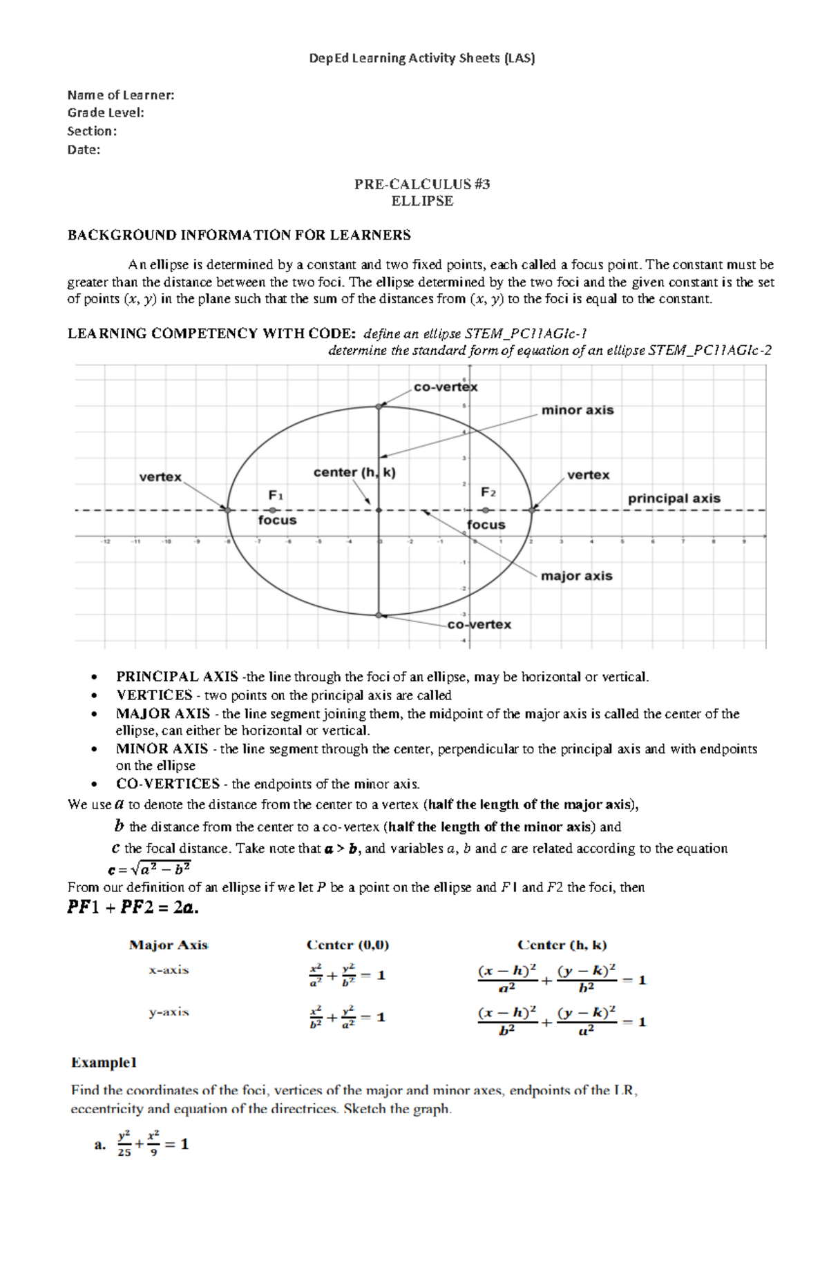 Precal Ellipse notes and activities - DepEd Learning Activity Sheets ...