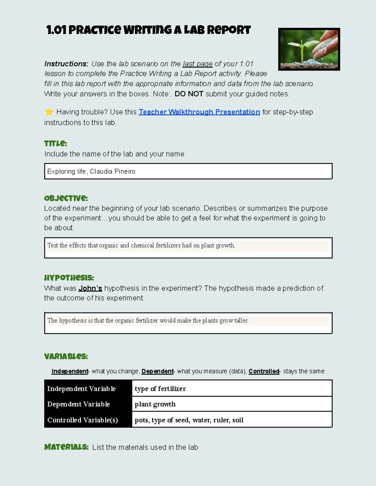 Copia de 1 01 Exploring Life Lab Report - 1 Practice Writing a Lab ...