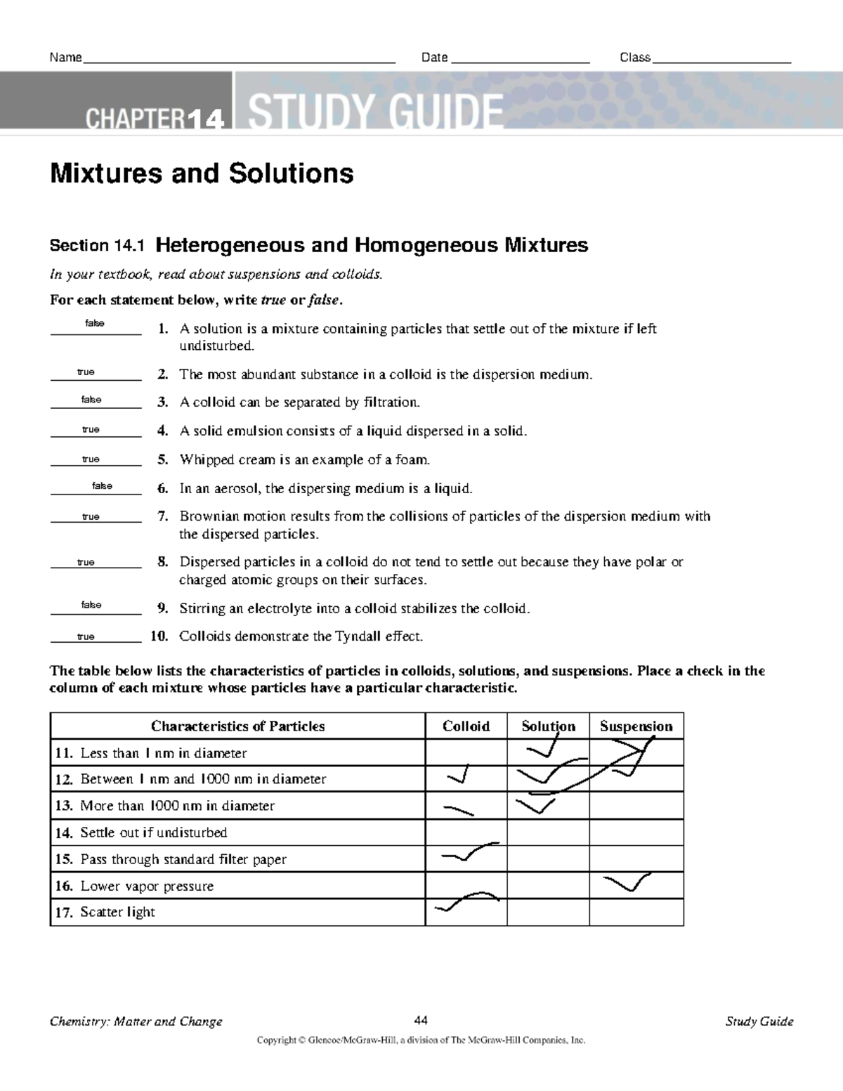 Chapter 14 Study Guide - 14 Mixtures and Solutions Section 14 ...