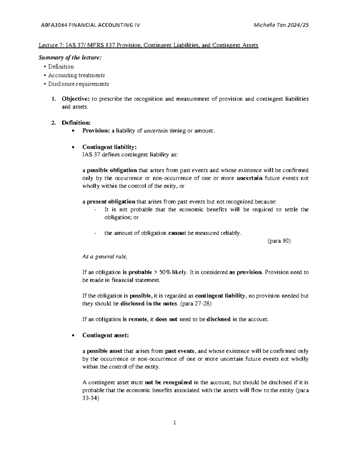 Lecture 7 IAS 37 MFRS 137 Provision, Contingent Liabilities ...