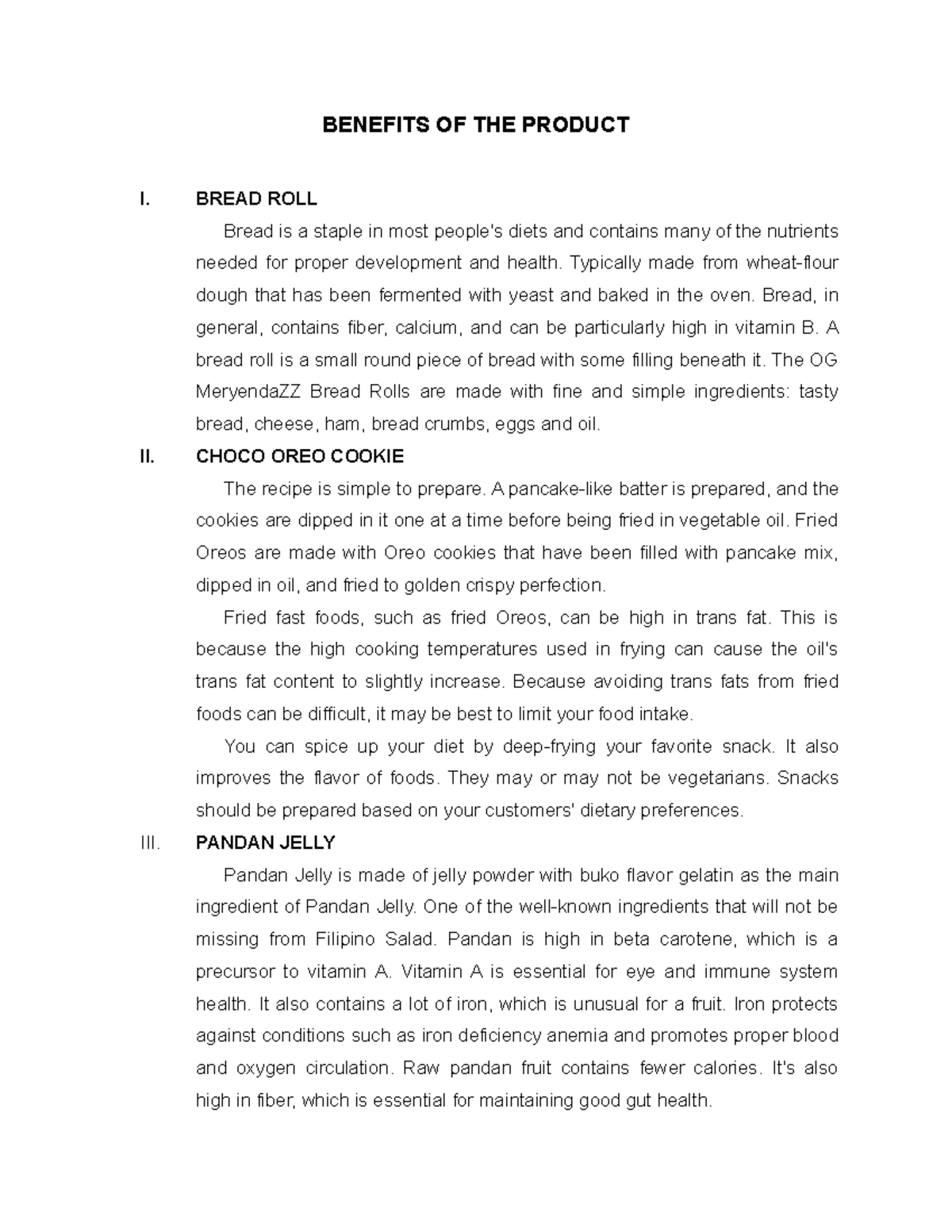 Benefits OF THE Product - Entrep - BENEFITS OF THE PRODUCT I. BREAD ...