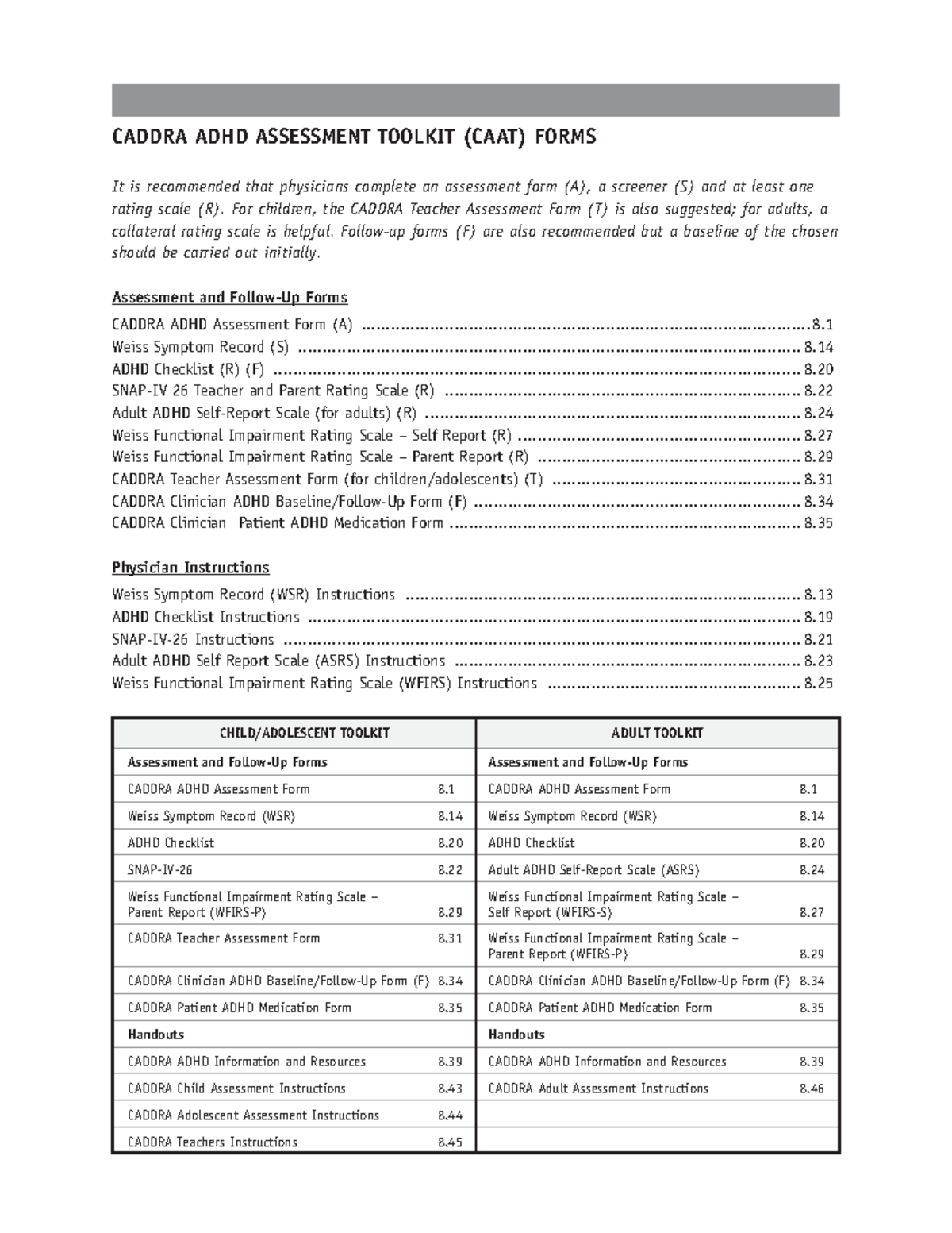 Adhdguidelines 2011 toolkit - CADDRA ADHD ASSESSMENT TOOLKIT (CAAT) FORMS It is recommended that ...