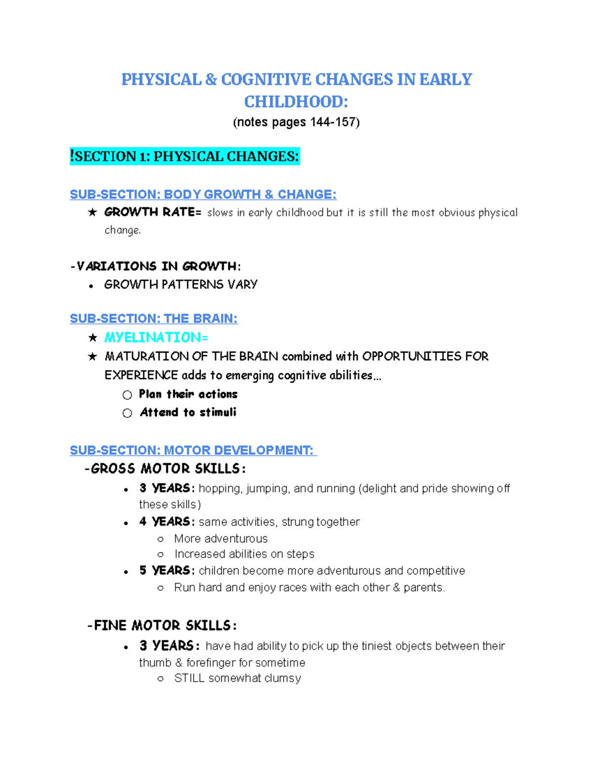 (9) Physical & Cognitive Changes IN Early Childhood Notes - PHYSICAL ...
