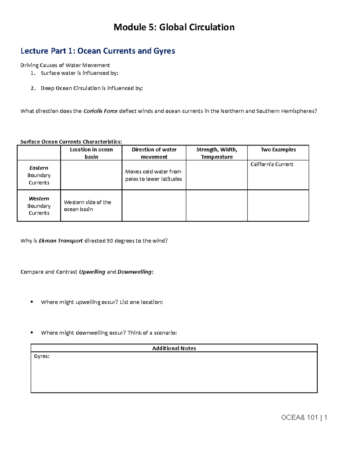 Module 5 Notes Ocean Currents and Gyres - Lecture Part 1: Ocean ...
