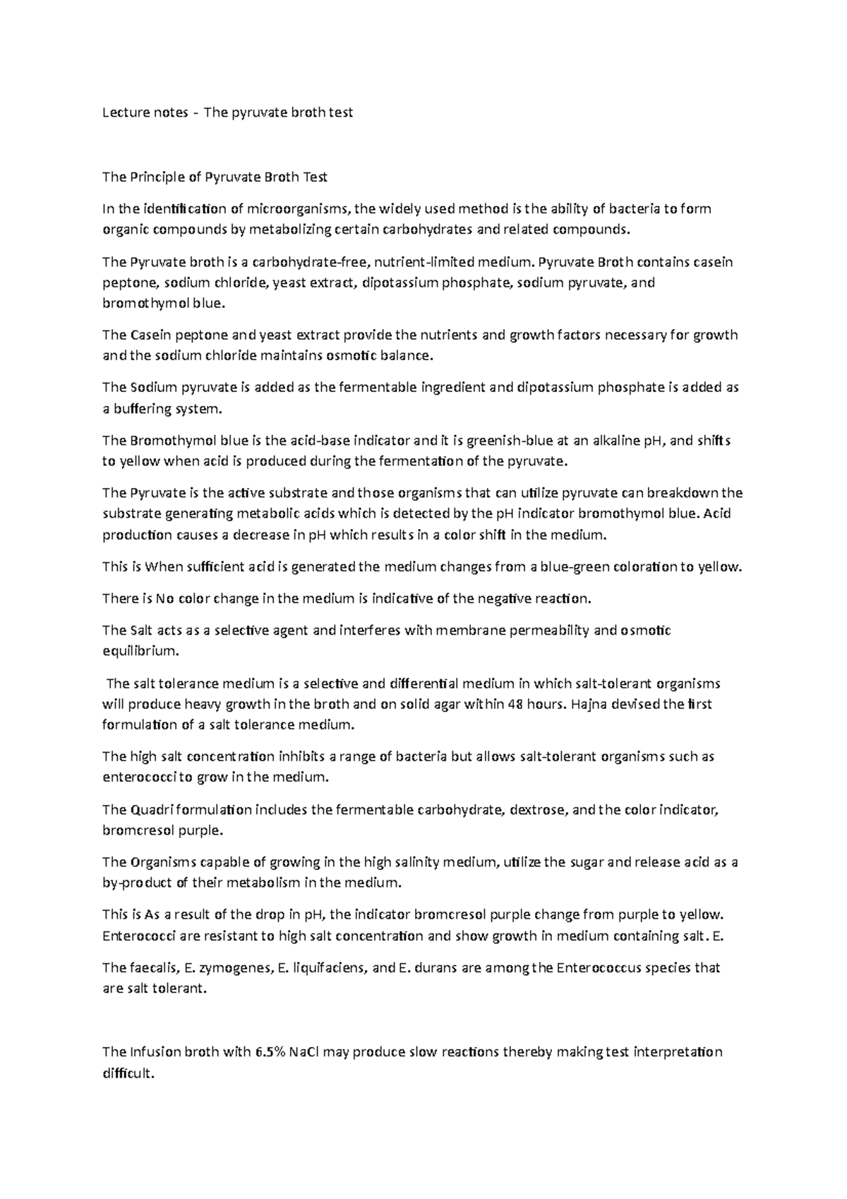 Lecture notes - The pyruvate broth test - The Pyruvate broth is a ...