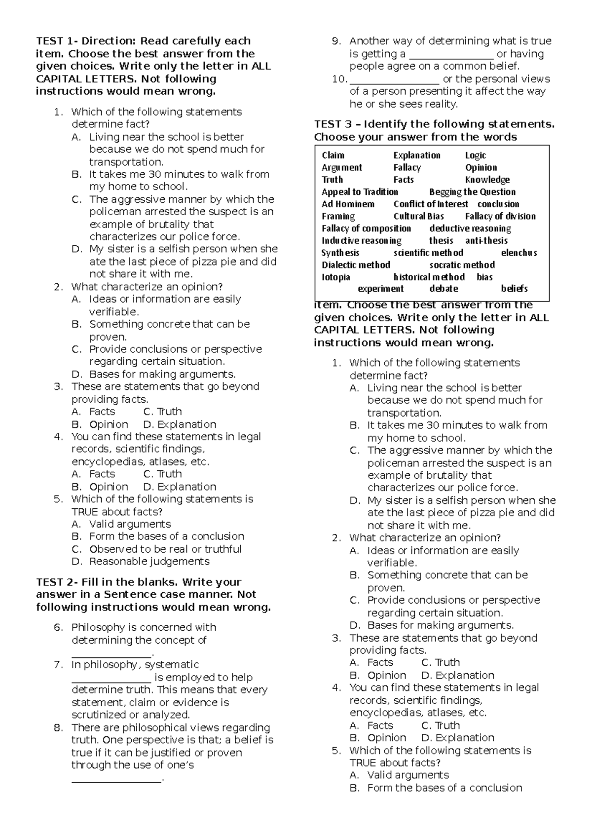 Assesment-methods of philosophy - TEST 1- Direction: Read carefully ...