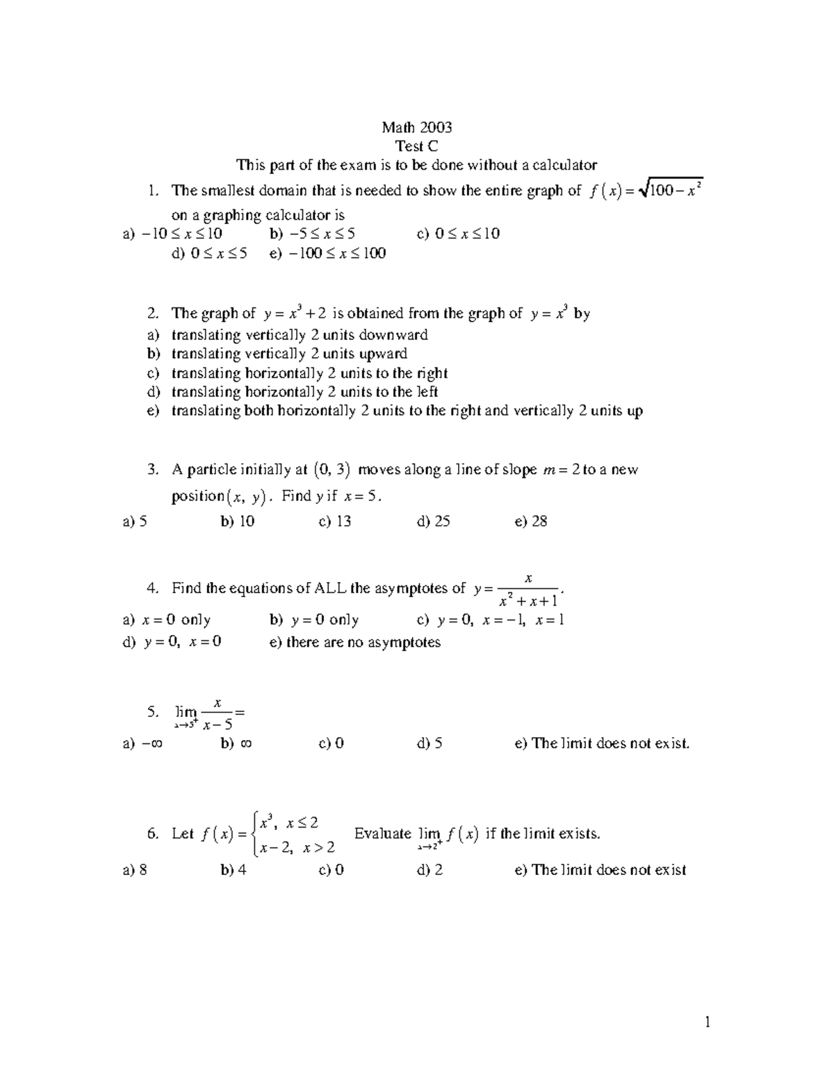 2003 Test C - test - Math 2003 Test C This part of the exam is to be ...