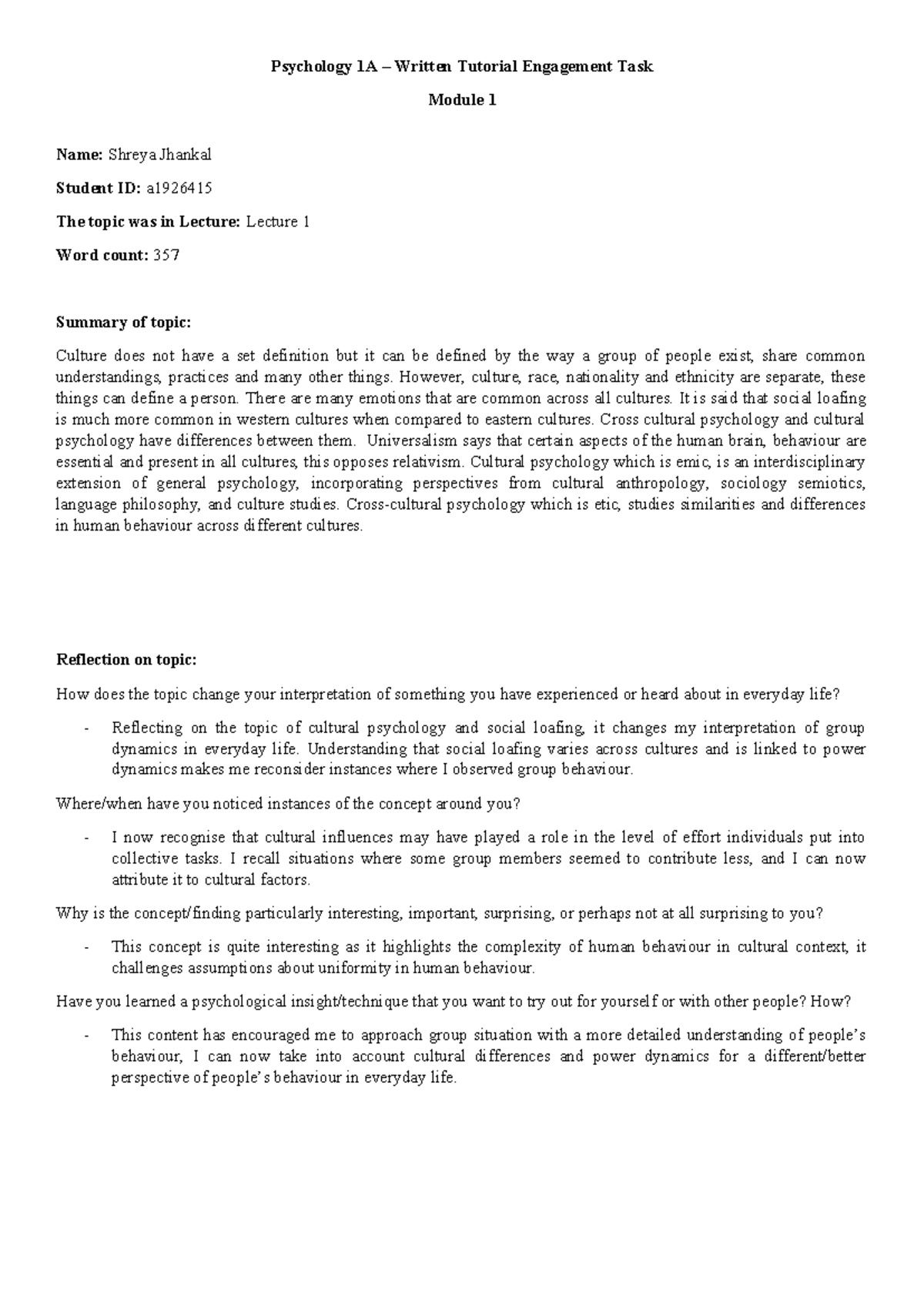 Psych 1A TET Your Name Student ID - Psychology 1A – Written Tutorial ...