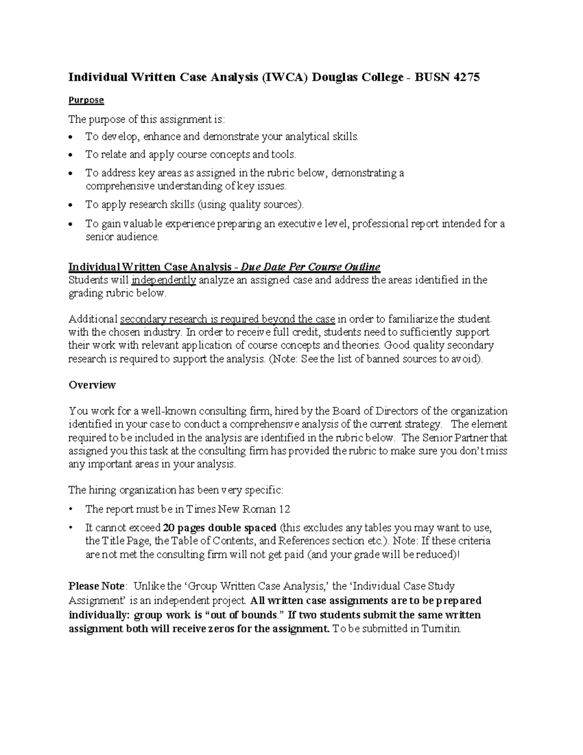 BUSN 4275 Individual Written Case Analysis Instructions and Marking ...