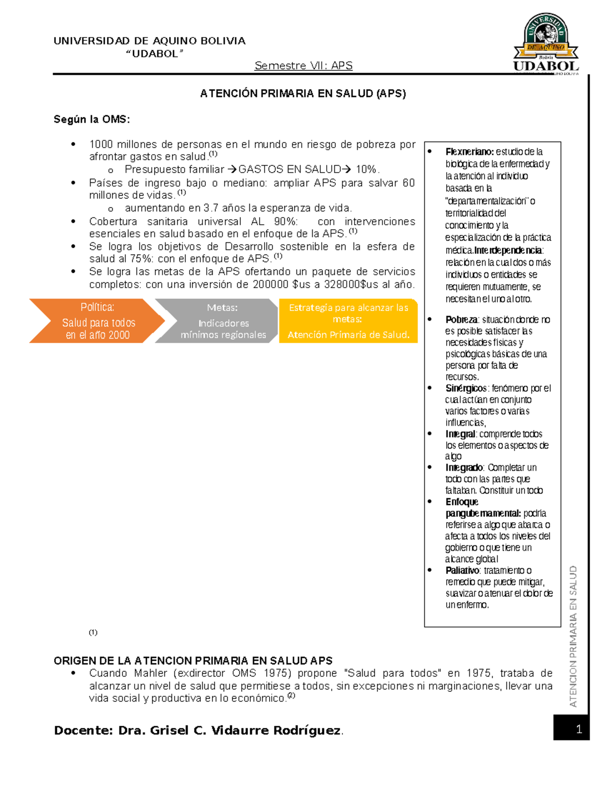 T1 aps - ATENCION PRIMARIA EN SALUD 1 “UDABOL” Semestre VII: APS ...