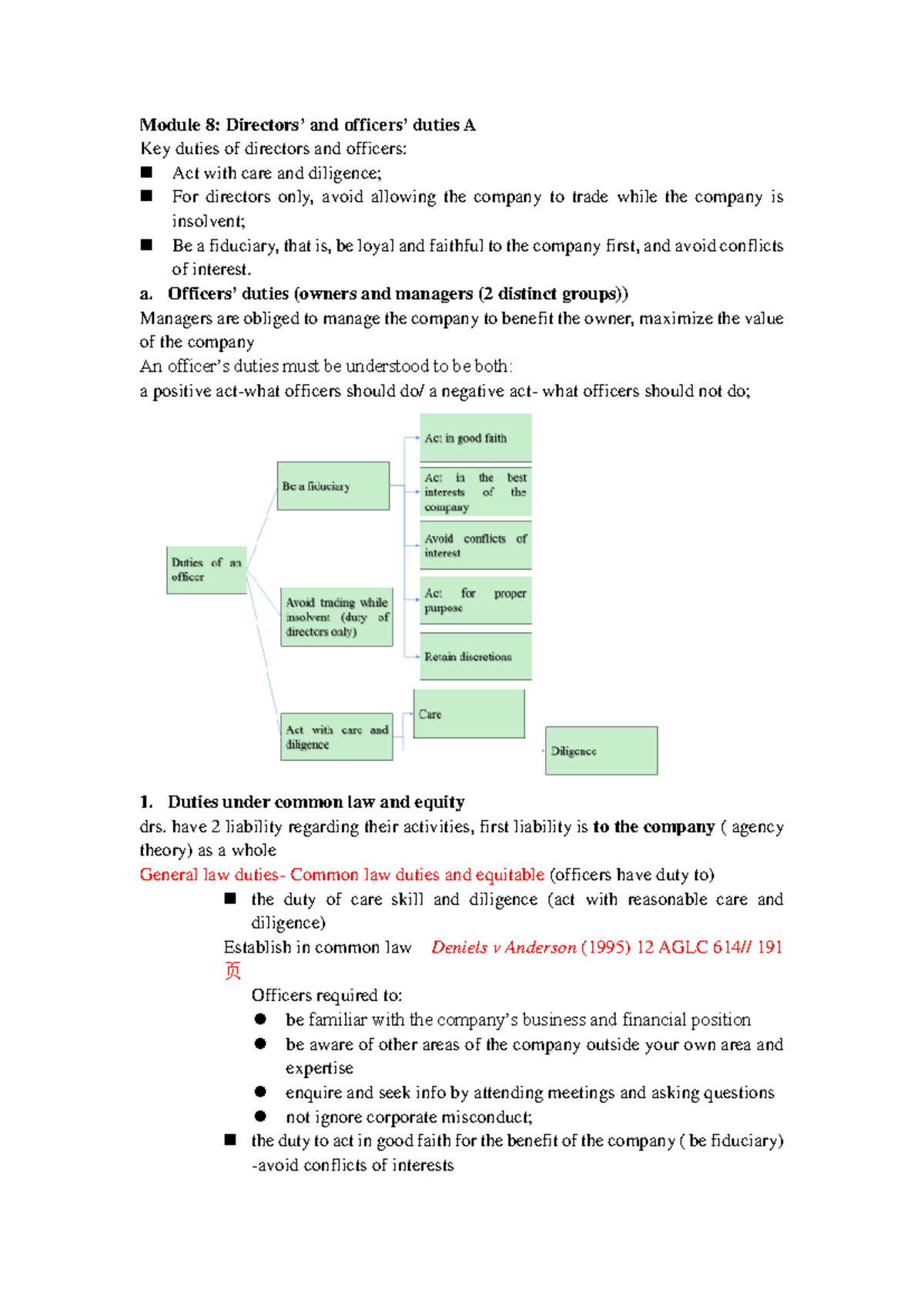 Ch 8 notes - Module 8: Directors’ and officers’ duties A Key duties of ...
