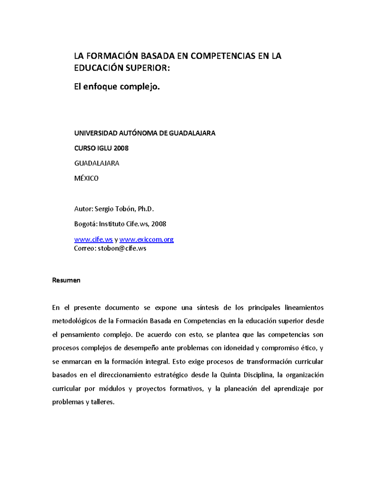 Formación Basada EN Competencias (Sergio Tobón) - LA FORMACI”N BASADA EN COMPETENCIAS EN LA ...
