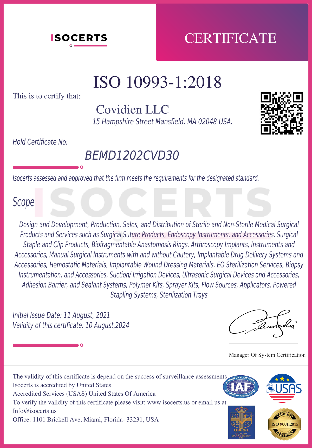Certificate - TEST - CERTIFICATE ISO 10993-1: This is to certify that ...