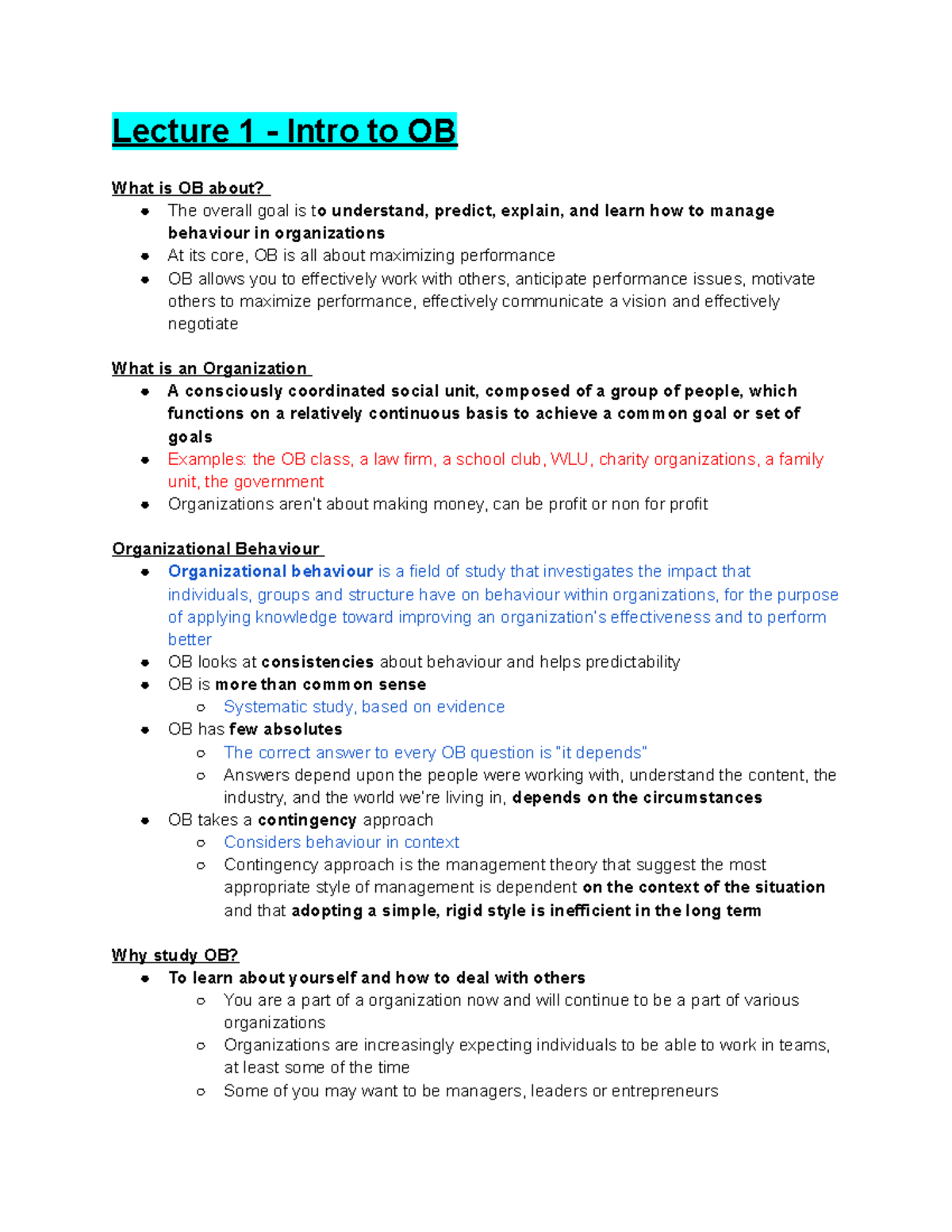 Midterm Notes - Lecture 1 - Intro to OB What is OB about? The overall ...