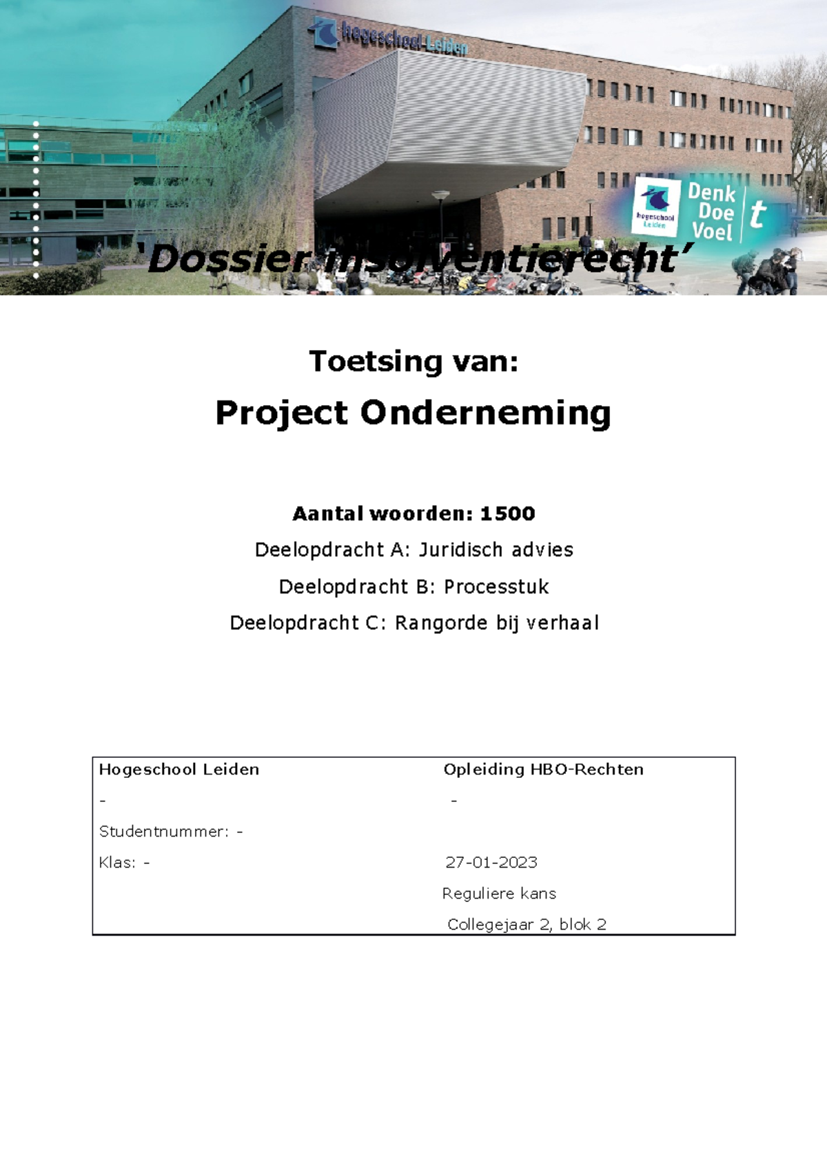 Dossier van project onderneming - ‘Dossier insolventierecht’ Toetsing ...