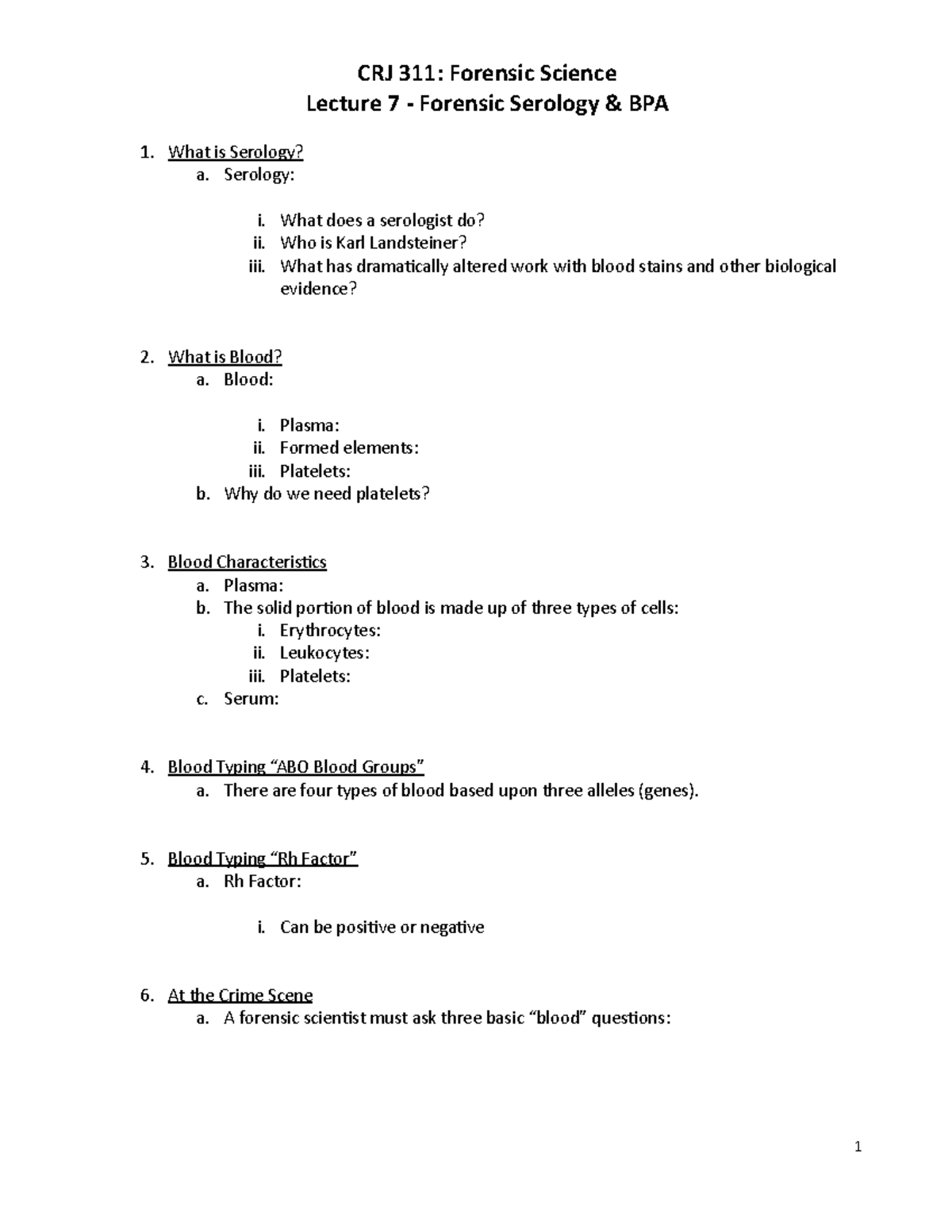 7 - forensic serology - CRJ 311: Forensic Science Lecture 7 - Forensic ...