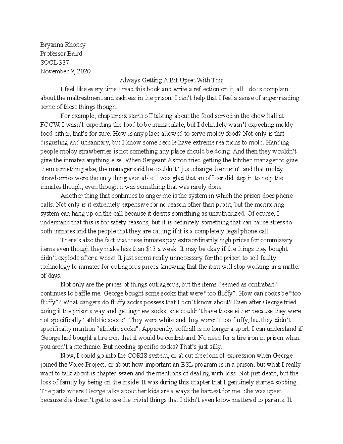 Reflection Paper #3 of A Woman Doing Life - Bryanna Rhoney Professor ...