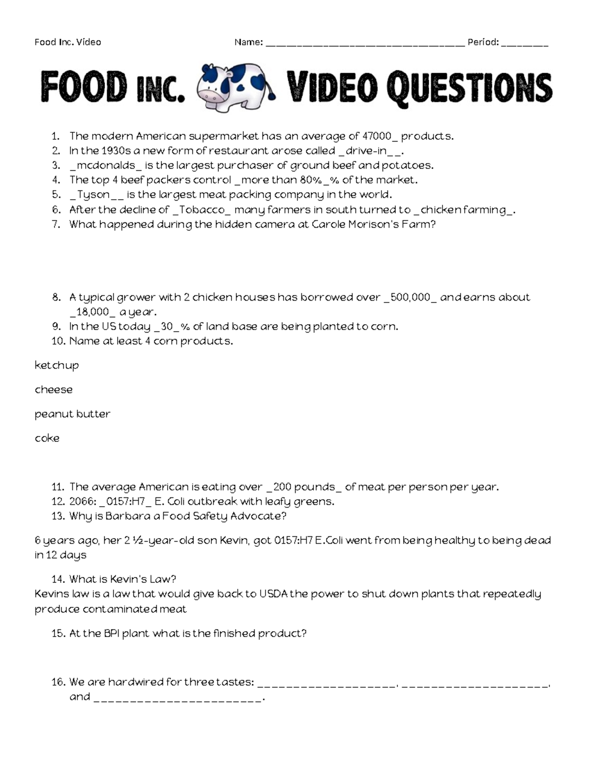 Copy of Food Inc Worksheet - Food Inc. Video Name