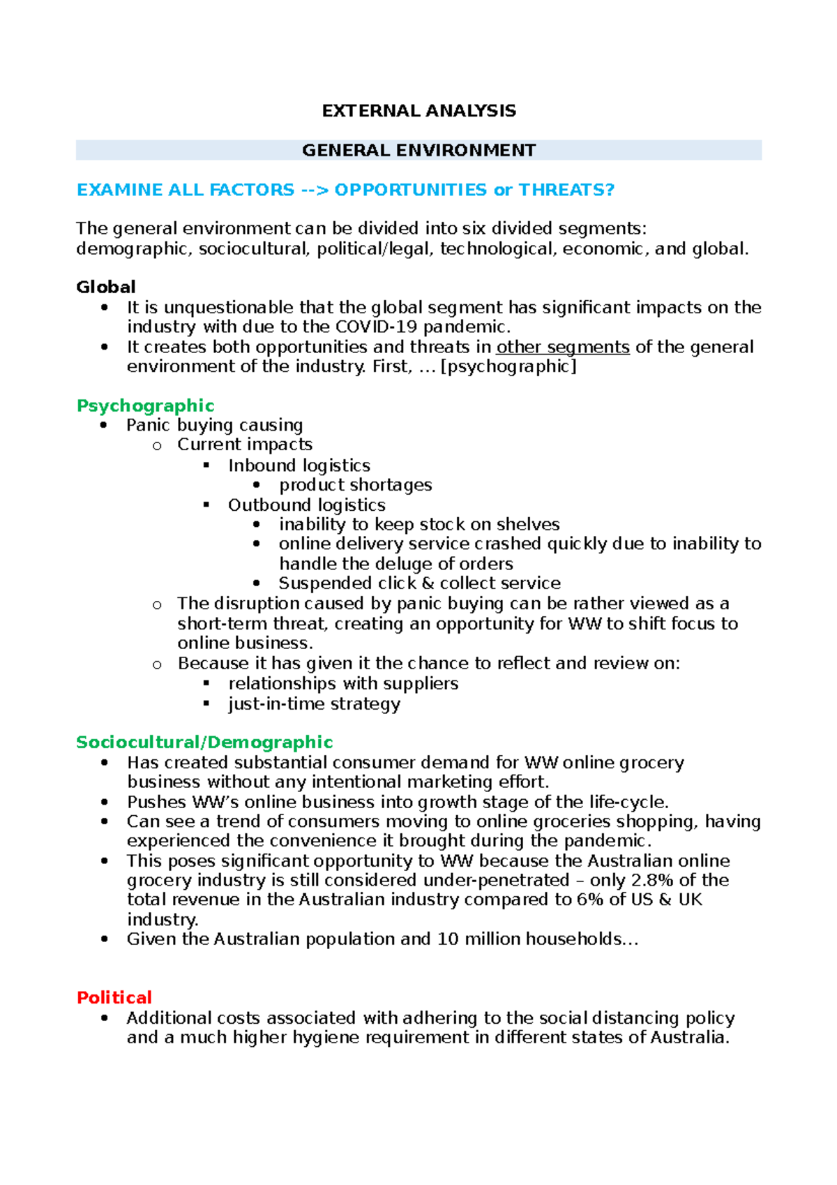 Woolworths External Analysis - EXTERNAL ANALYSIS GENERAL ENVIRONMENT ...