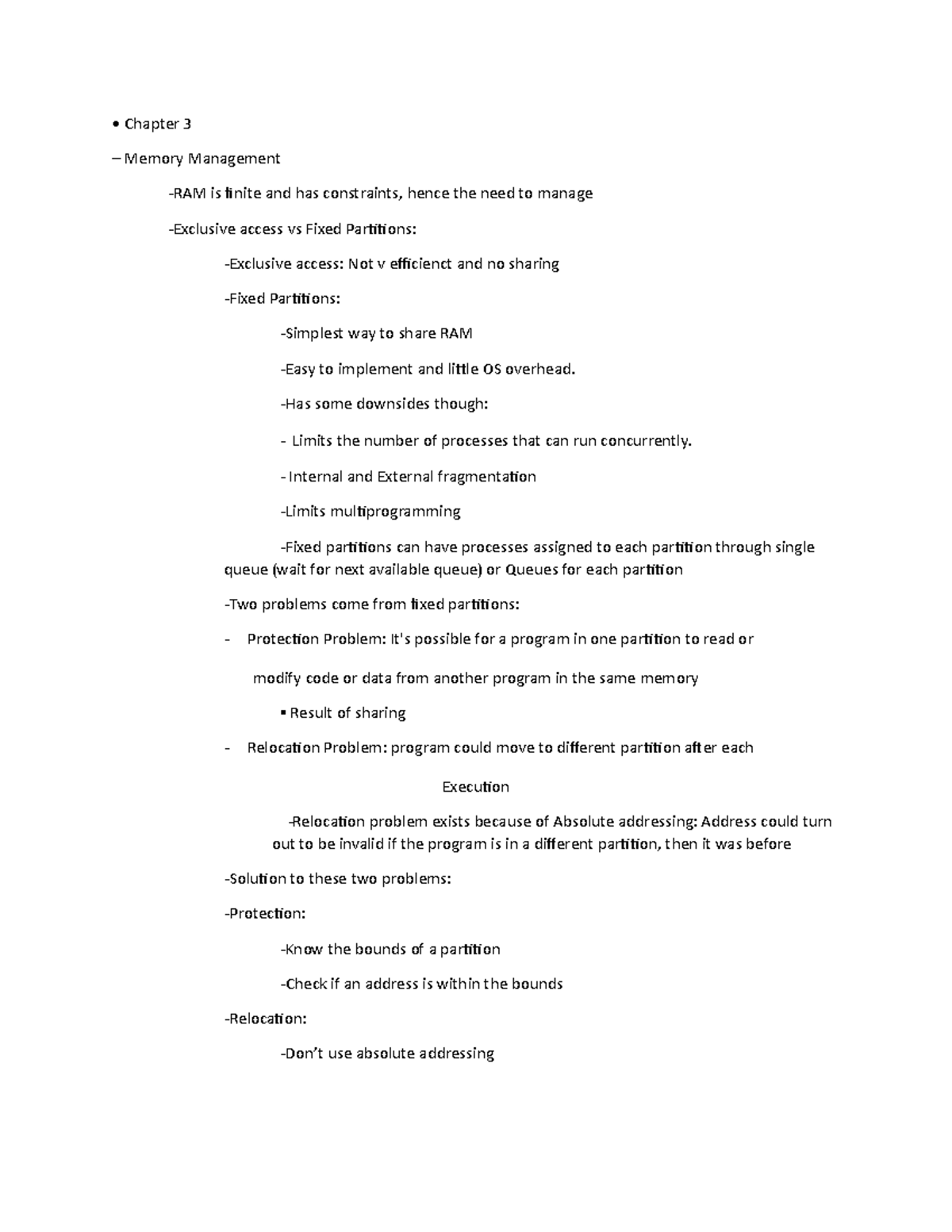 CS 1550 Notes - Chapter 3 Memory Management -RAM is finite and has ...