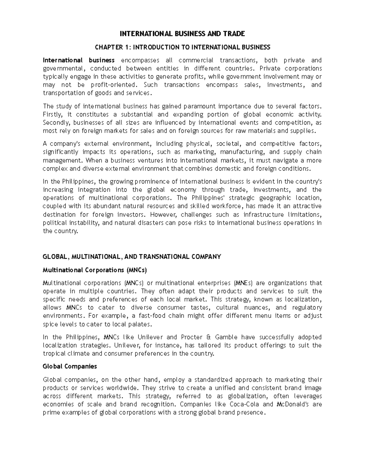 Chapter-1 - NOTES FOR BUSINESS STUDENT - INTERNATIONAL BUSINESS AND ...