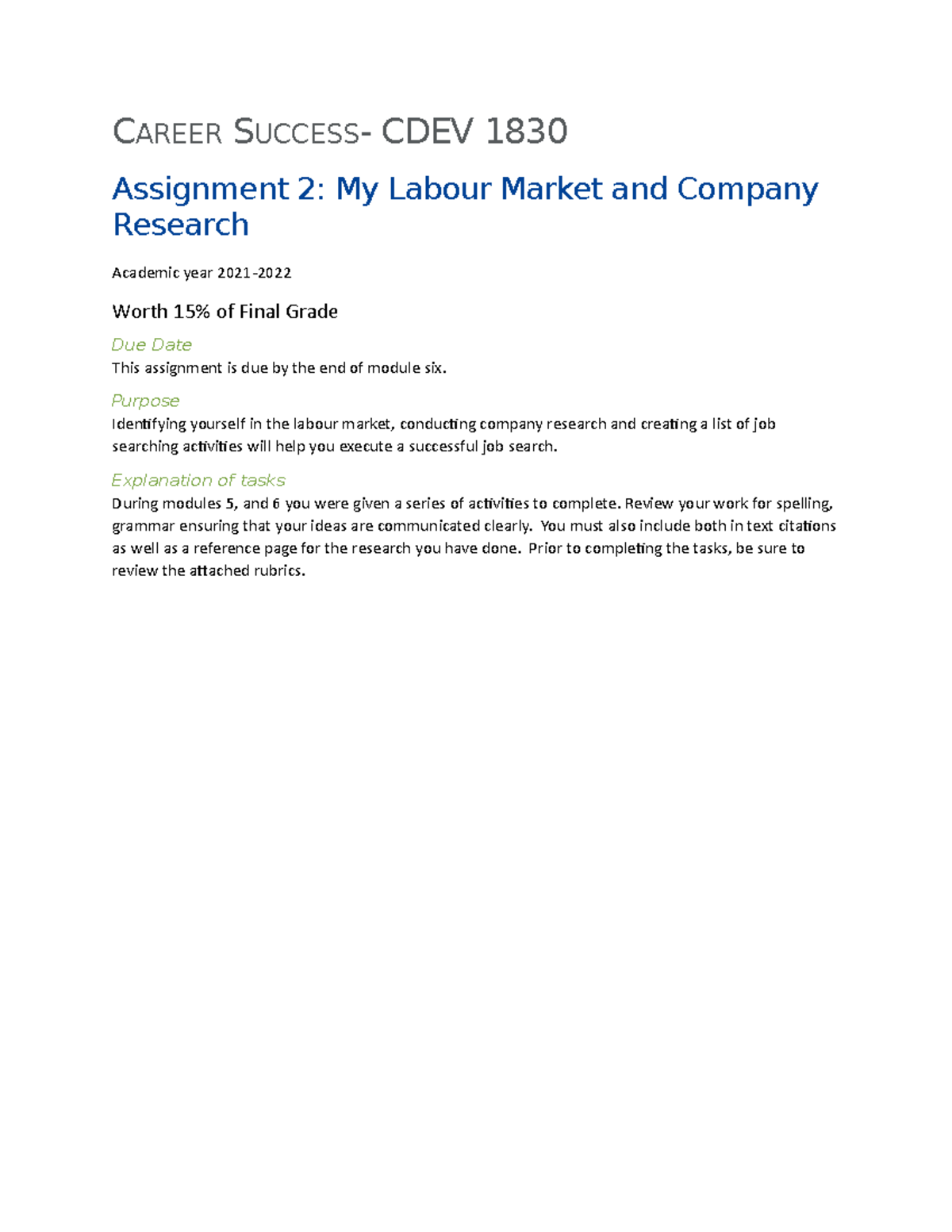 CDEV1830 Career Success Assignment 2 My Labour Market and Company ...