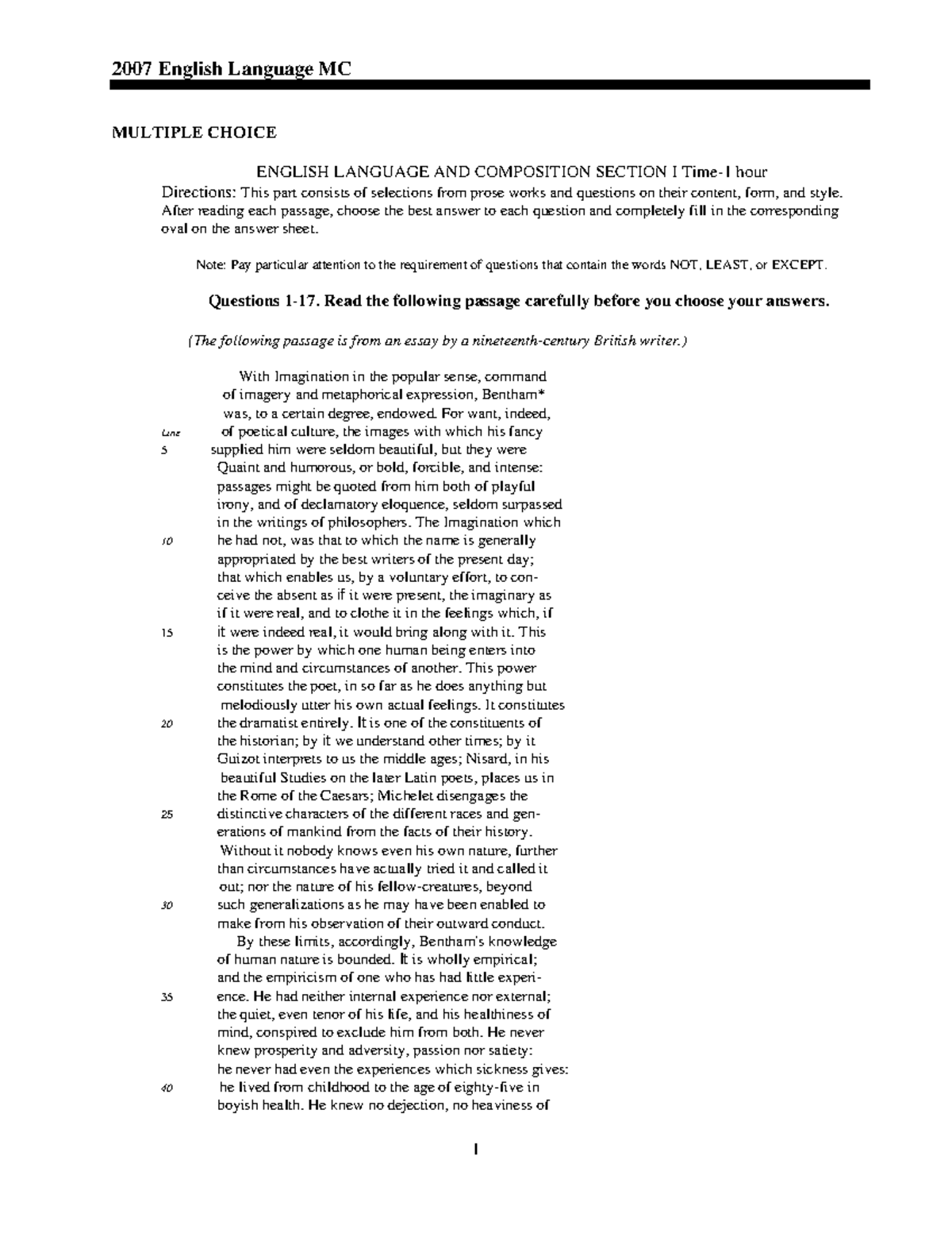 Ap lang mc 2007 - 2007 English Language MC MULTIPLE CHOICE ENGLISH ...