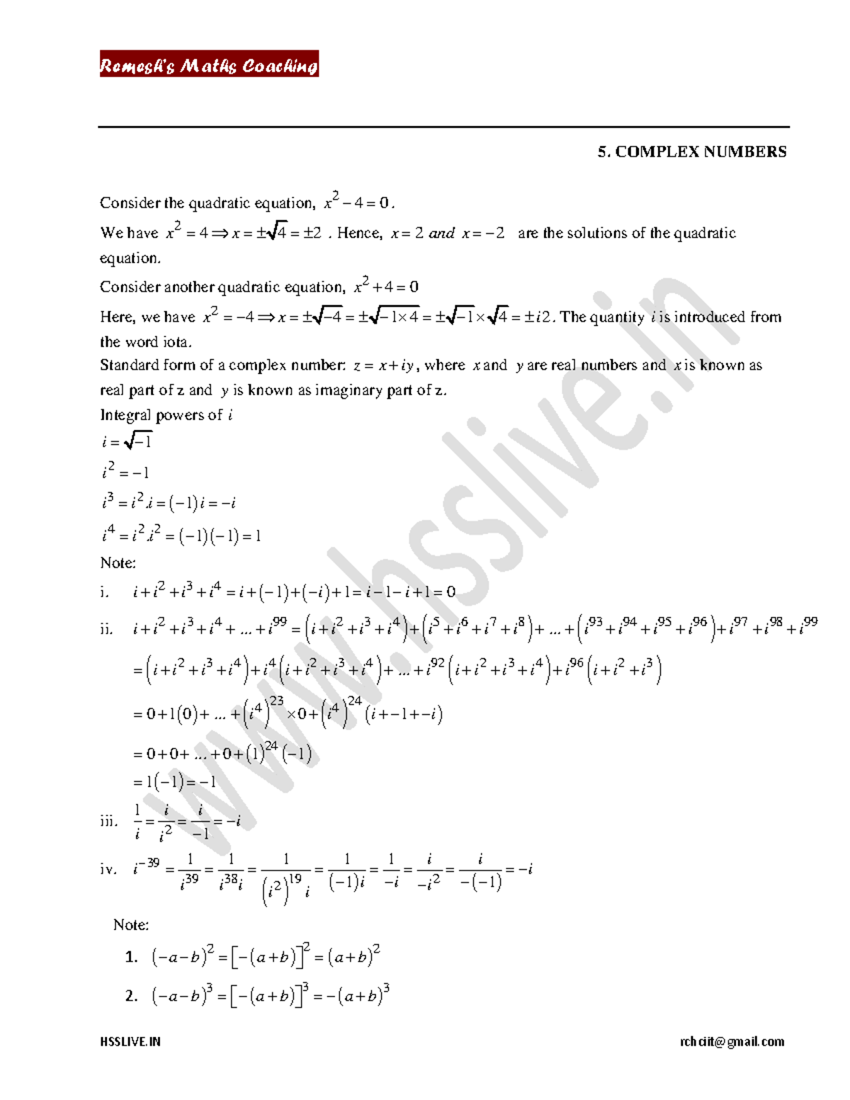 Complex Numbers And Quadratic Equation Study Material - ####### - 5 ...