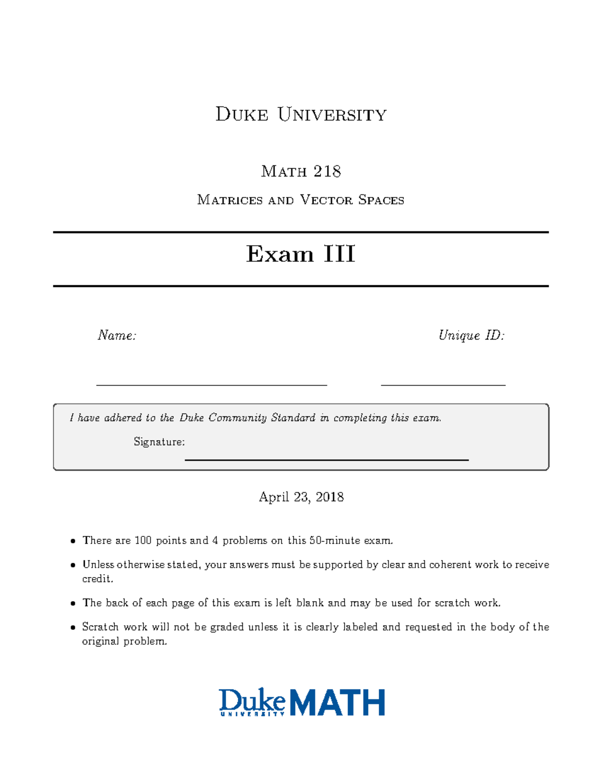 2018 Math 218 Midterm 3 - Duke University Math 218 Matrices and Vector ...