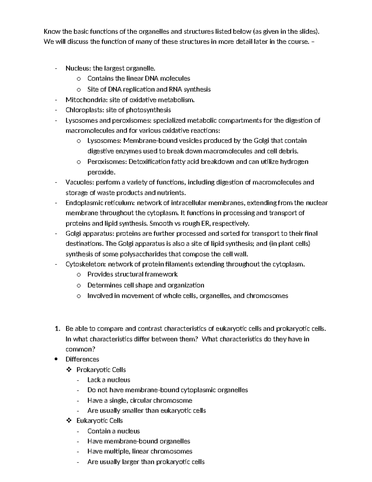 Exam 1 review - Summary Honors Cell Biology - Know the basic functions ...