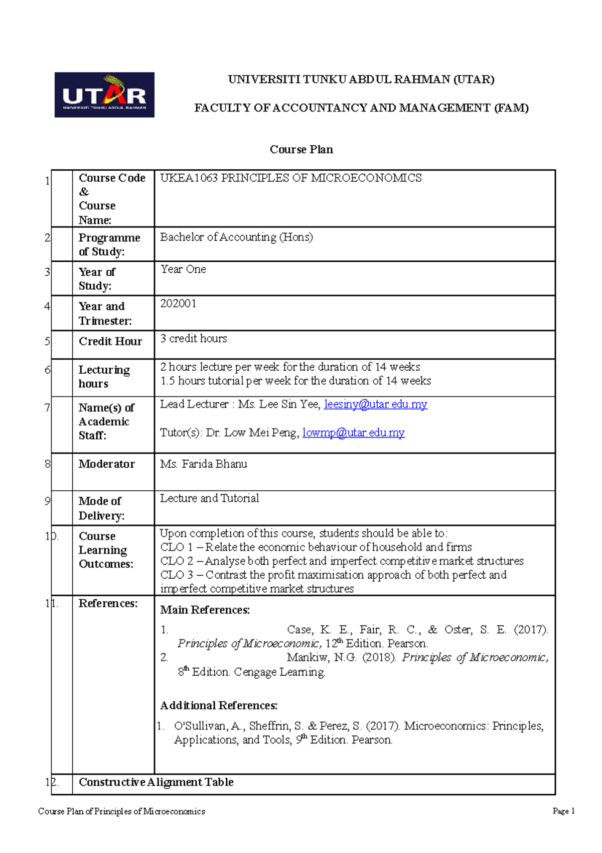 Teaching Plan UKEA1063 - UNIVERSITI TUNKU ABDUL RAHMAN (UTAR) FACULTY ...