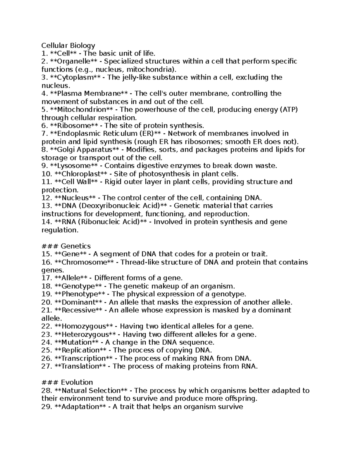 BIOL 103 Vocab - Cellular Biology Cell - The basic unit of life ...
