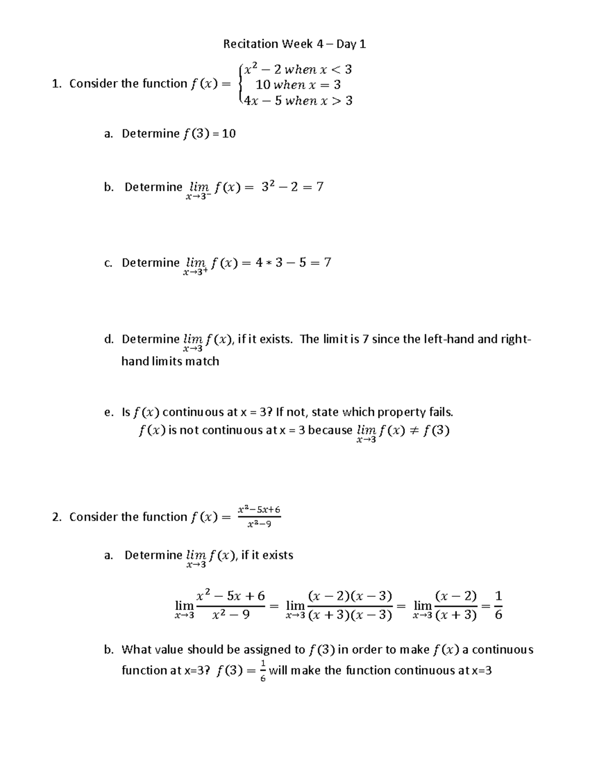 Recitation week 4 - day 1 solutions - Recitation Week 4 – Day 1 1. Consider the function 𝑓(𝑥 ...