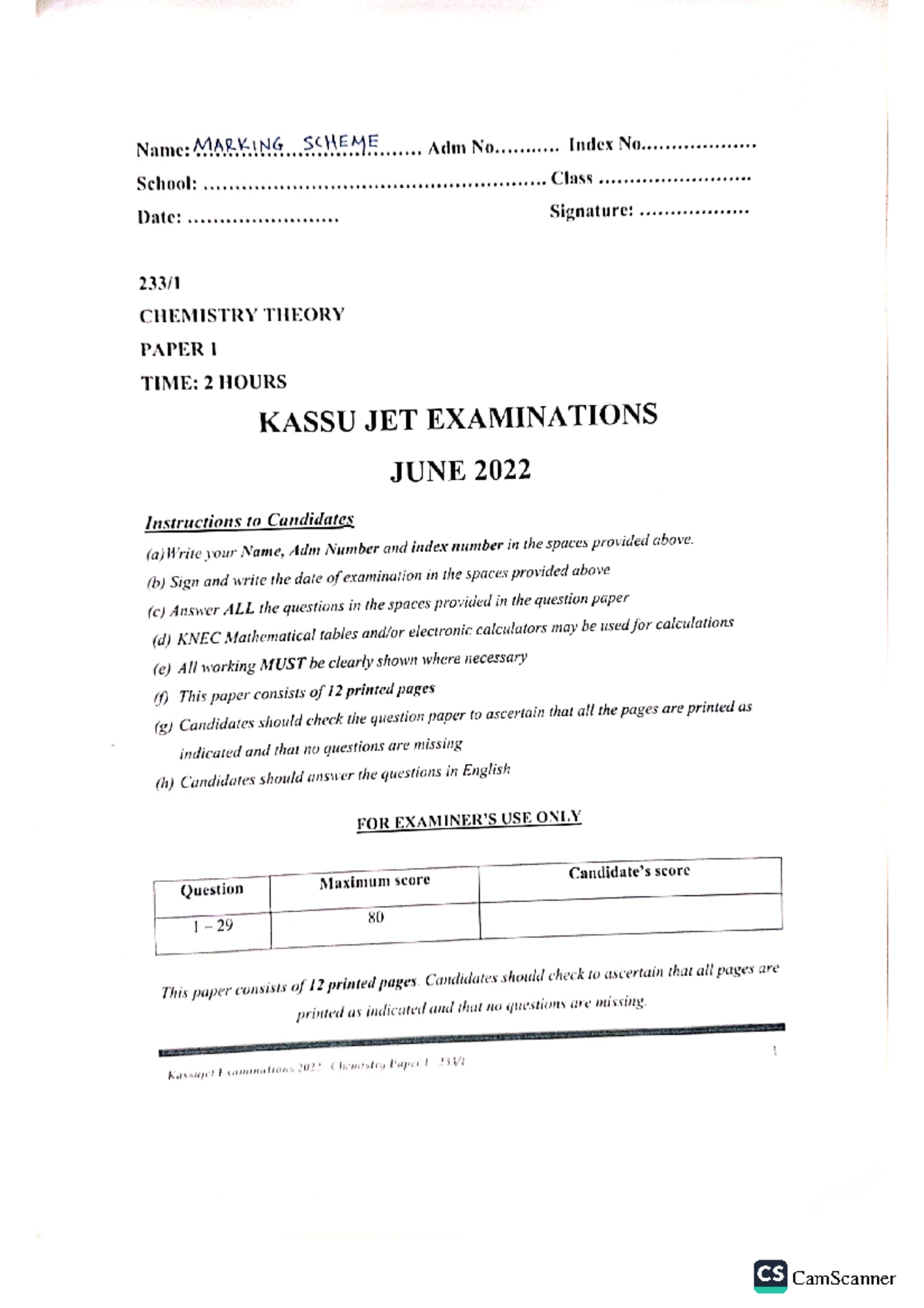 Chemistry Paper 1 Scheme - Name: MARKING SCHEME Adm No Index No School ...