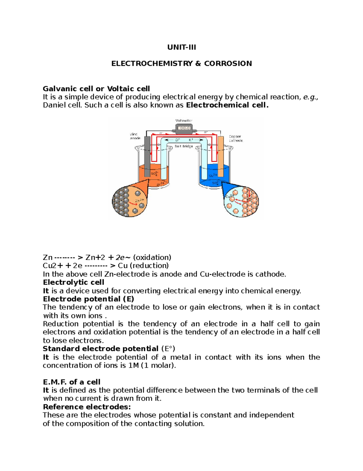 UNIT III - notes - UNIT-III ELECTROCHEMISTRY & CORROSION Galvanic cell ...