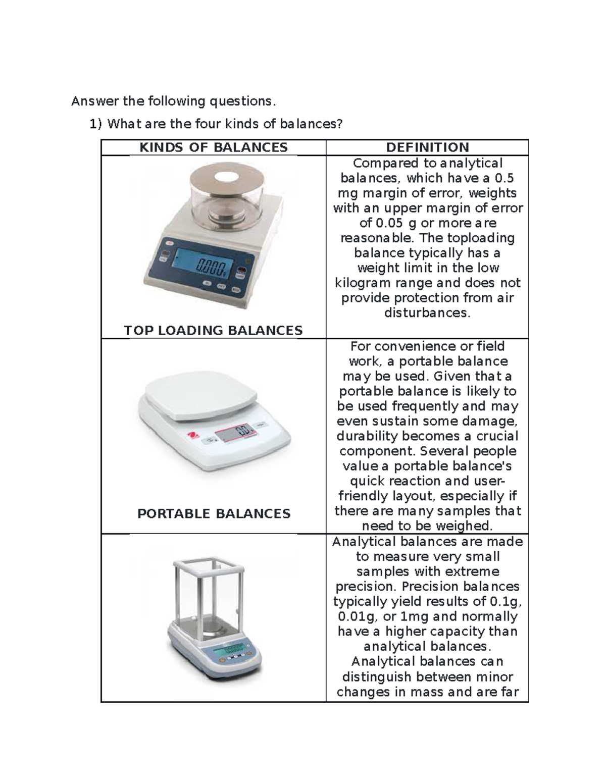 Anachem (lab) ana balance - Answer the following questions. 1) What are ...